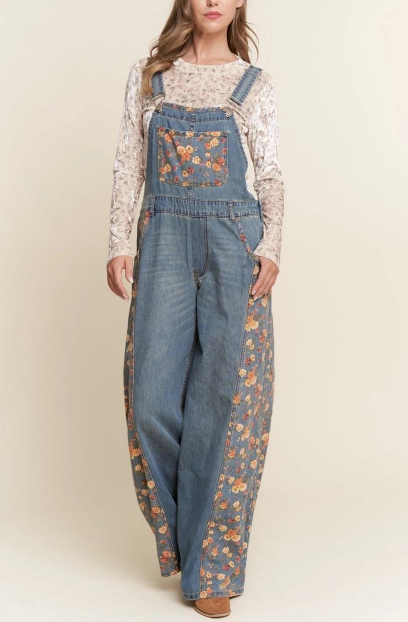 Boho Vintage Floral Denim Overalls Retro Wide Leg Suspender Jumpsuit - Etsy
