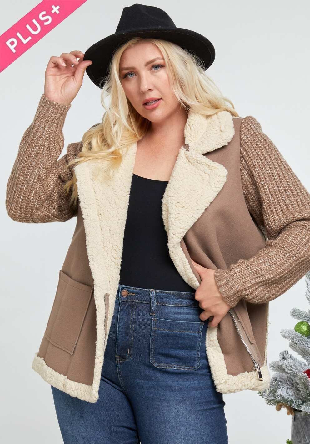Plus Size Sherpa Fur Knit Long Sleeves Shearling Jacket Shacket ...