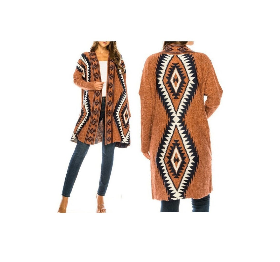 Boho Aztec Tribal Southwestern Print Long Cardigan Sweater Duster Top ...