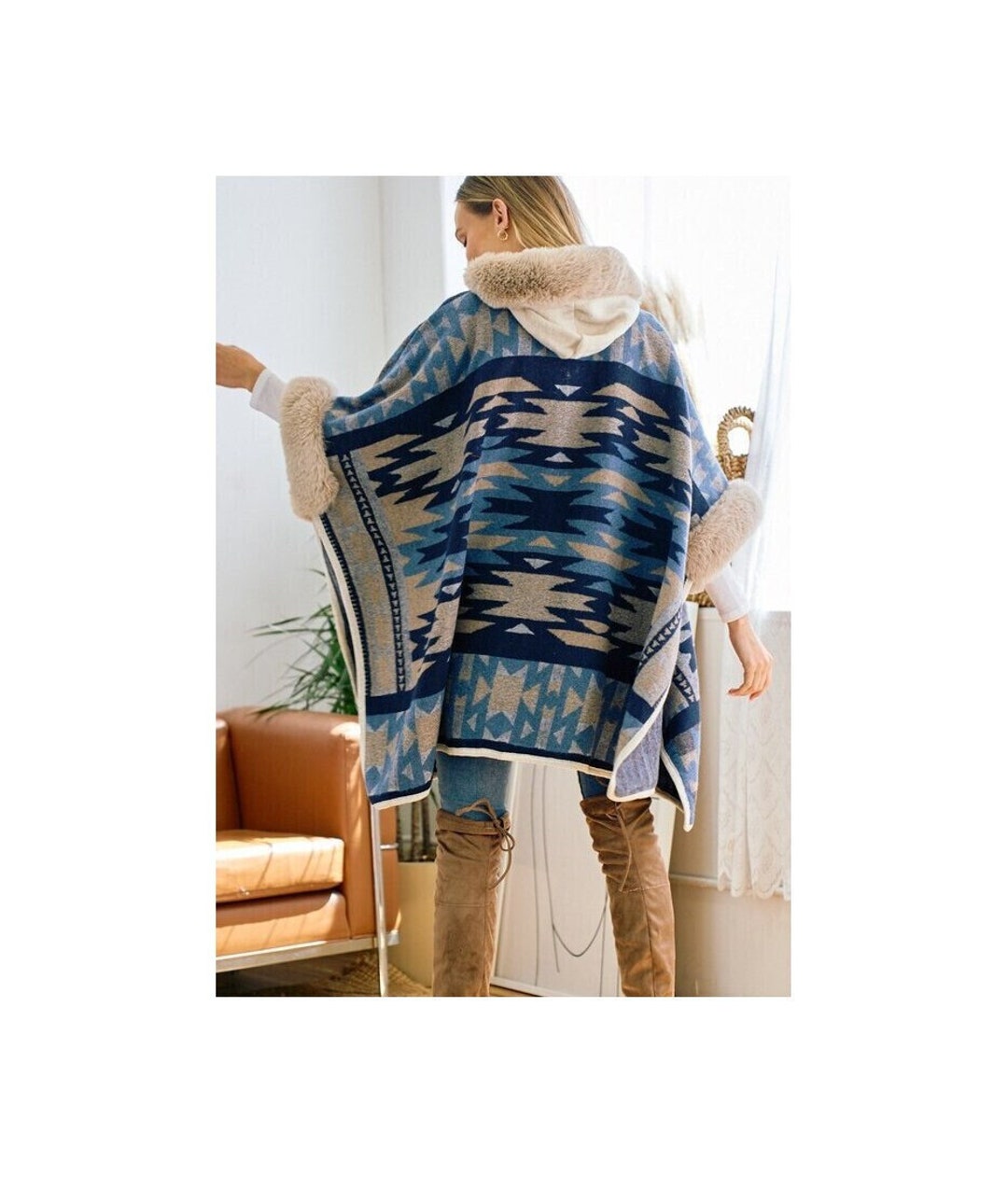 Boho Aztec Tribal Southwestern Faux Fur Hooded Cardigan Sweater Swing ...