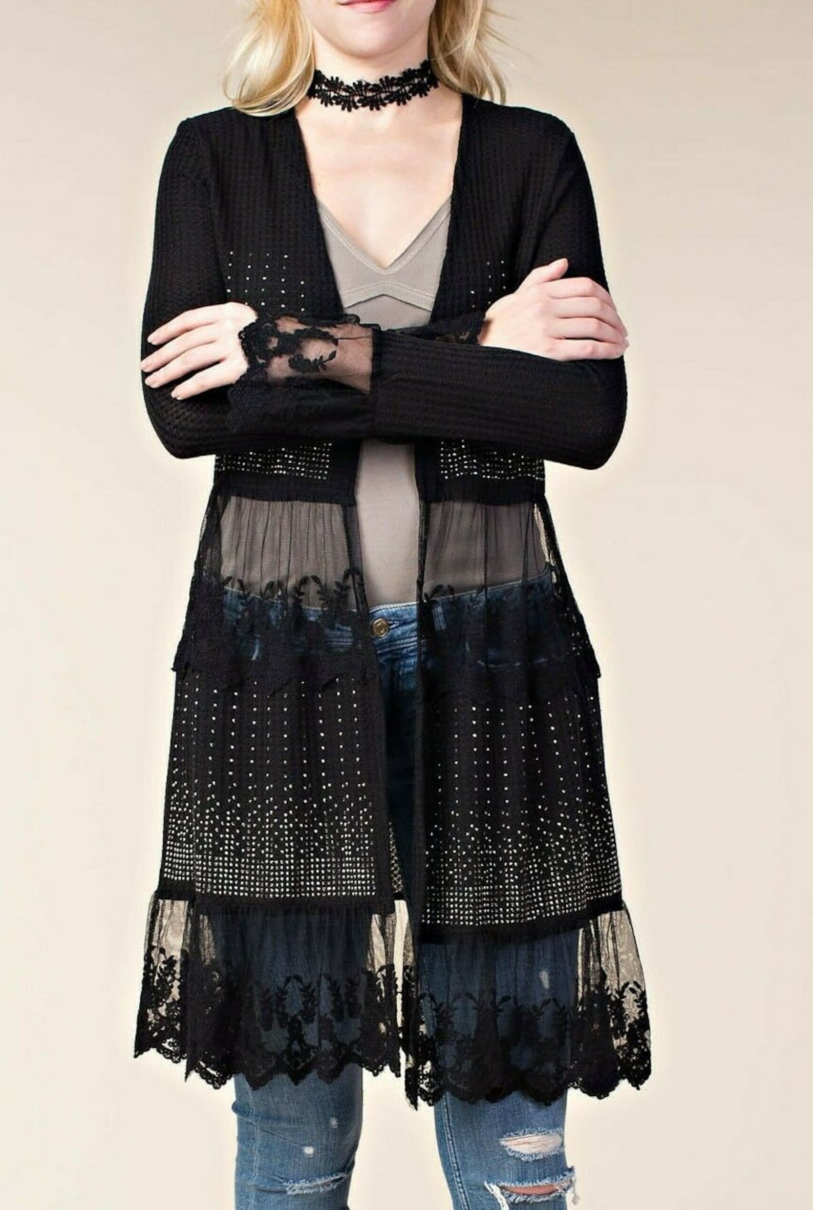 Black Crystal Boho Lace Ruffle Bell Sleeve Cardigan Duster Bohemian ...