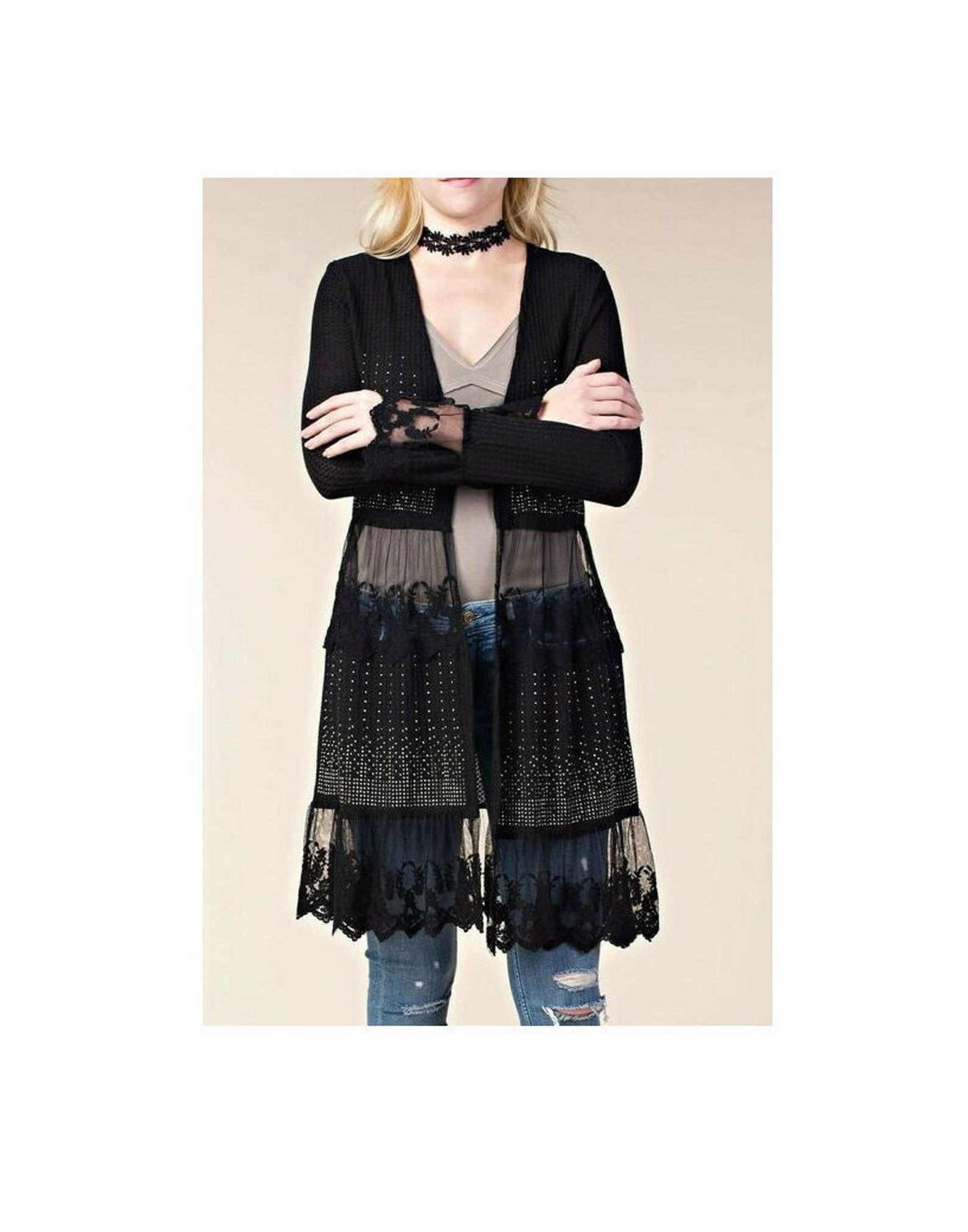 Black Crystal Boho Lace Ruffle Bell Sleeve Cardigan Duster Bohemian ...