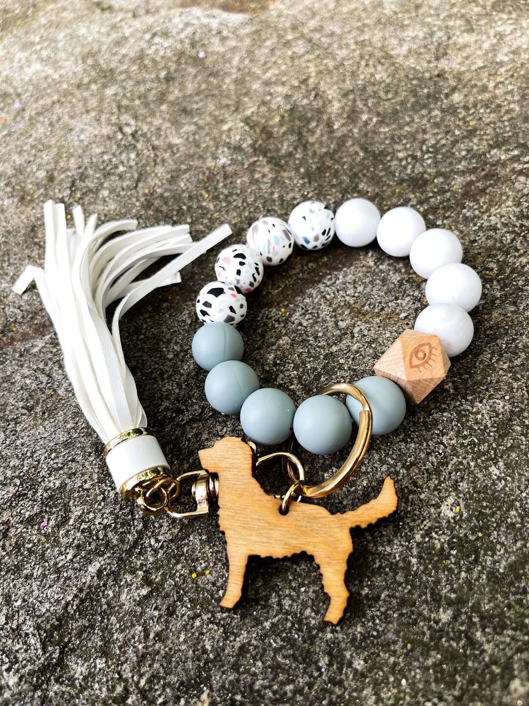 White Doodle Keychain White Speckle Silicone Beaded Keychain ...