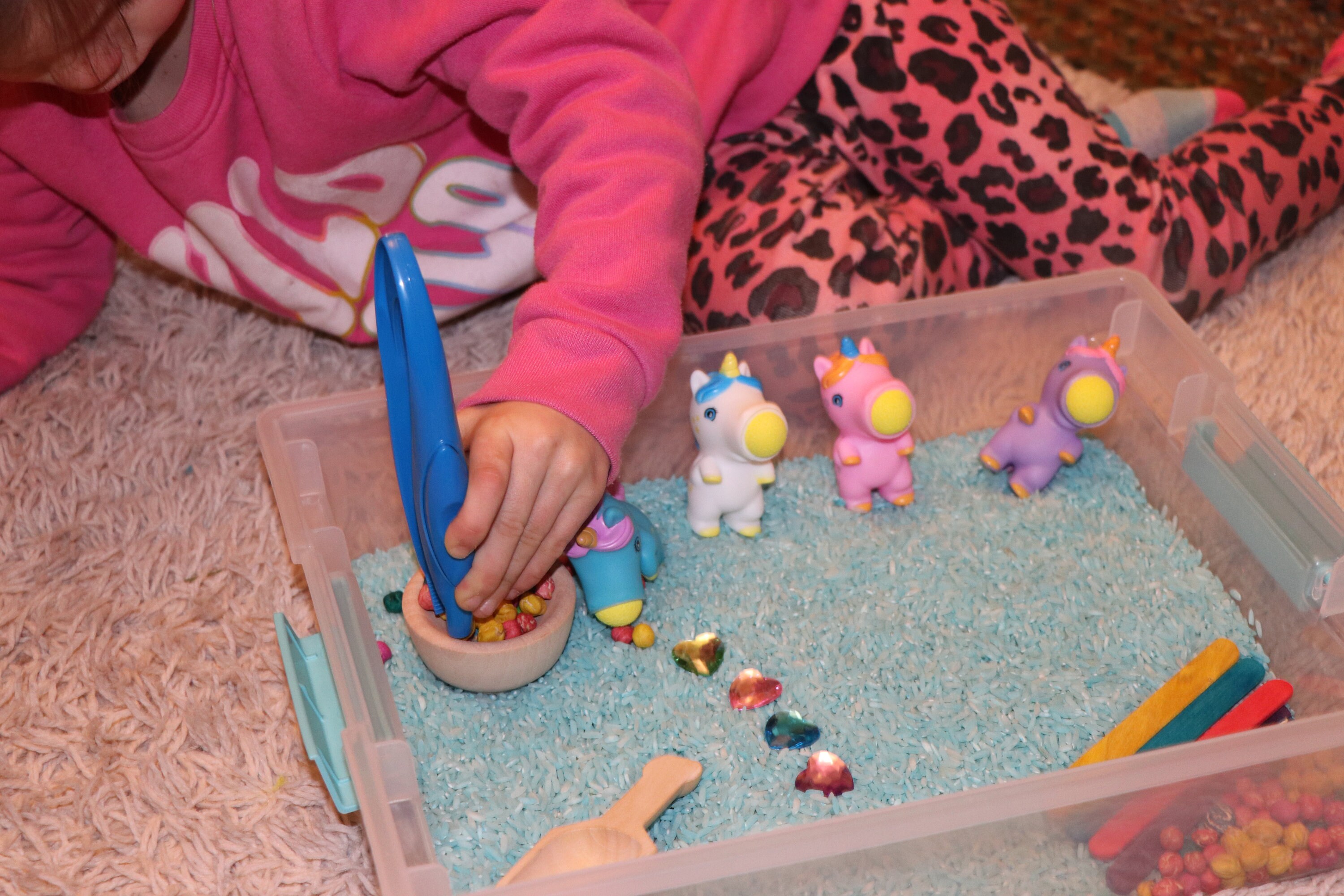 Unicorn Sensory Bin, Green Rice, Wooden Scoop, Fine Motor Play - Etsy