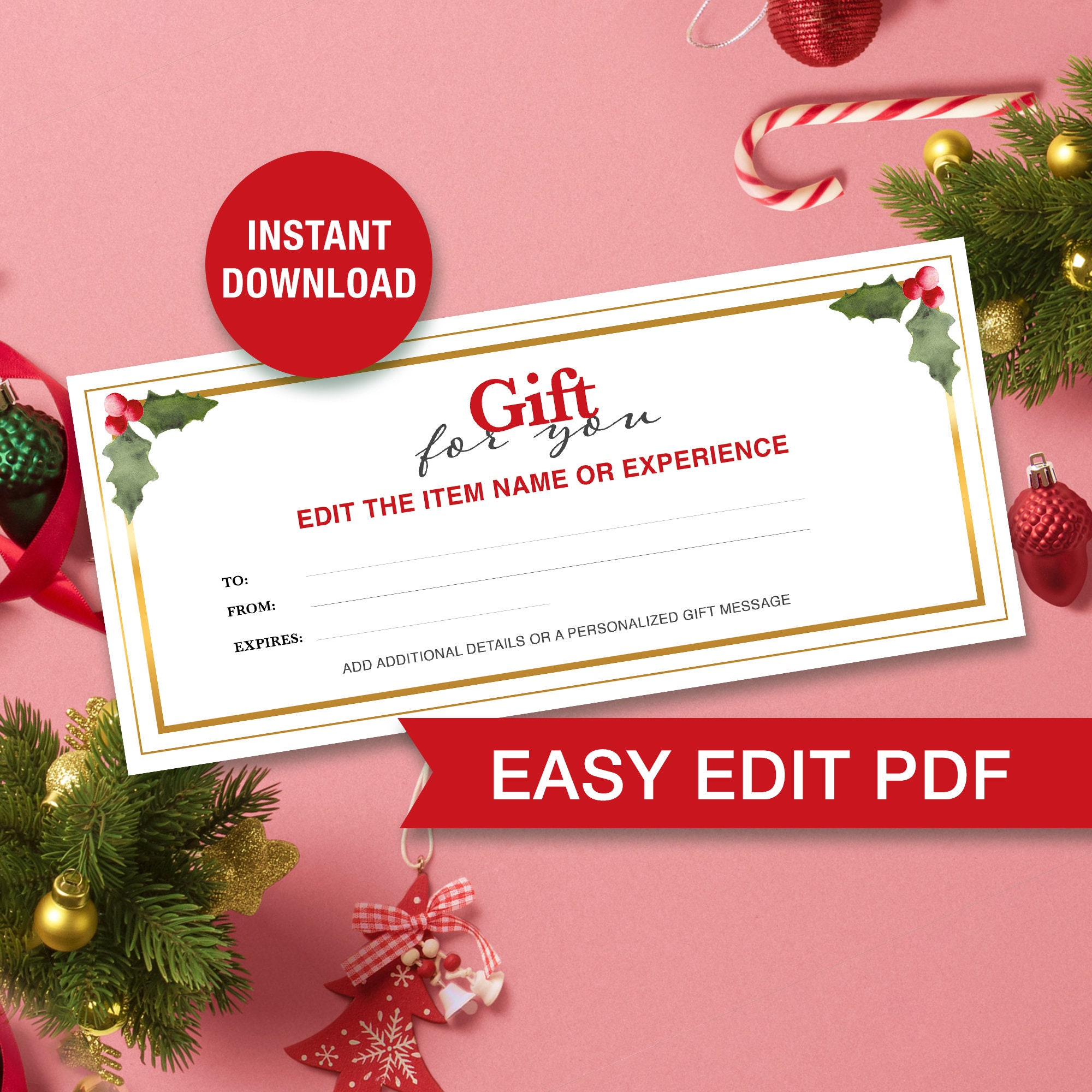 Christmas Gift Certificate PDF Template, Printable, Reusable ...