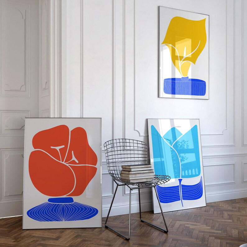 Set of Three Flower Prints in Primary Colors Botanical Three Piece Wall ...