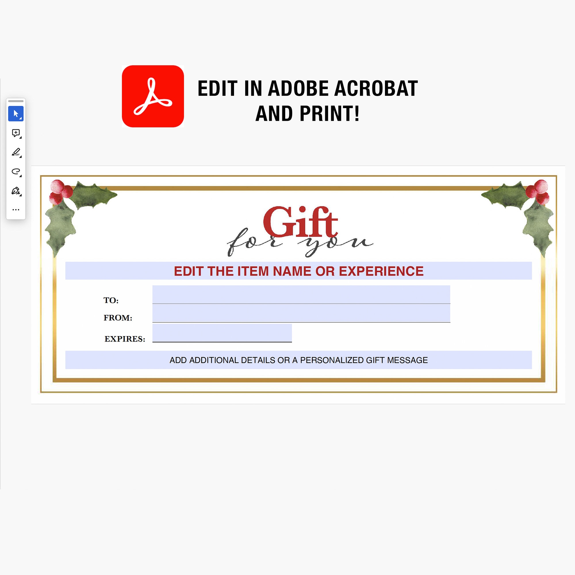 Christmas Gift Certificate PDF Template, Printable, Reusable ...