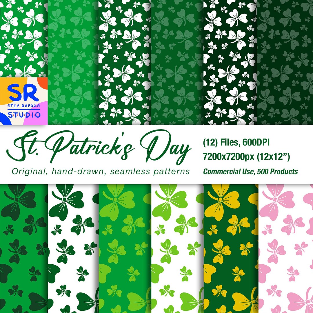 St. Patrick's Day Shamrocks Seamless Pattern 600 DPI PNG Instant ...