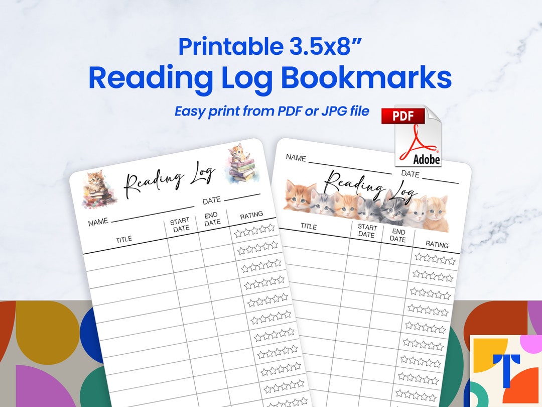 Printable Reading Log Cat Bookmark Gift for Book Lover, PDF, JPG ...
