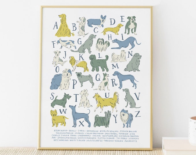Dog Alphabet Print for Nursery - Olive Green- Slate Blue - Dog Nursery ...