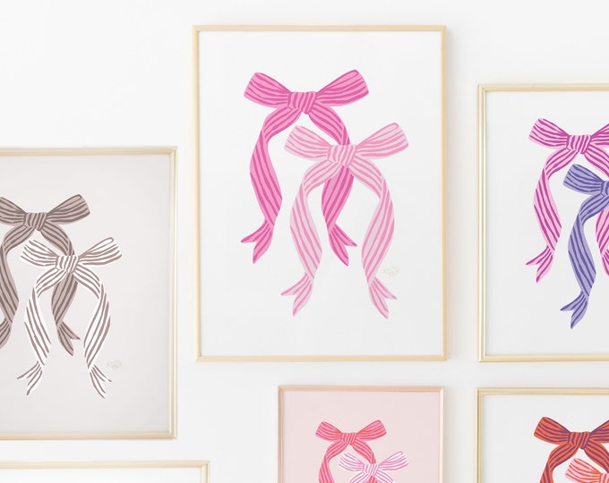Bows Art Prints - Set of 8 Prints in 3 Sizes Each - Pink Bows - Red ...