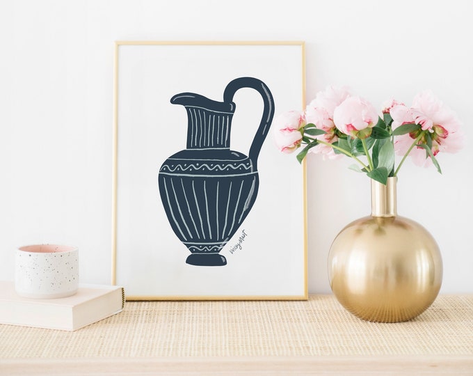 Ancient Greek Pottery Art Print - Greek Aesthetic Art - Navy Blue Wall ...