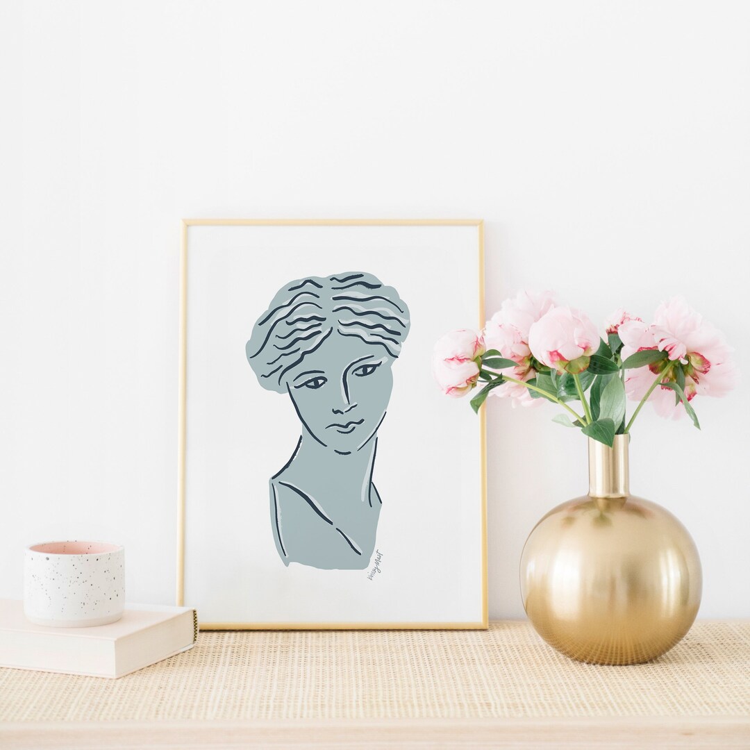 Greek Art Print of Female Bust in Blue - Marble Statue - Greek ...