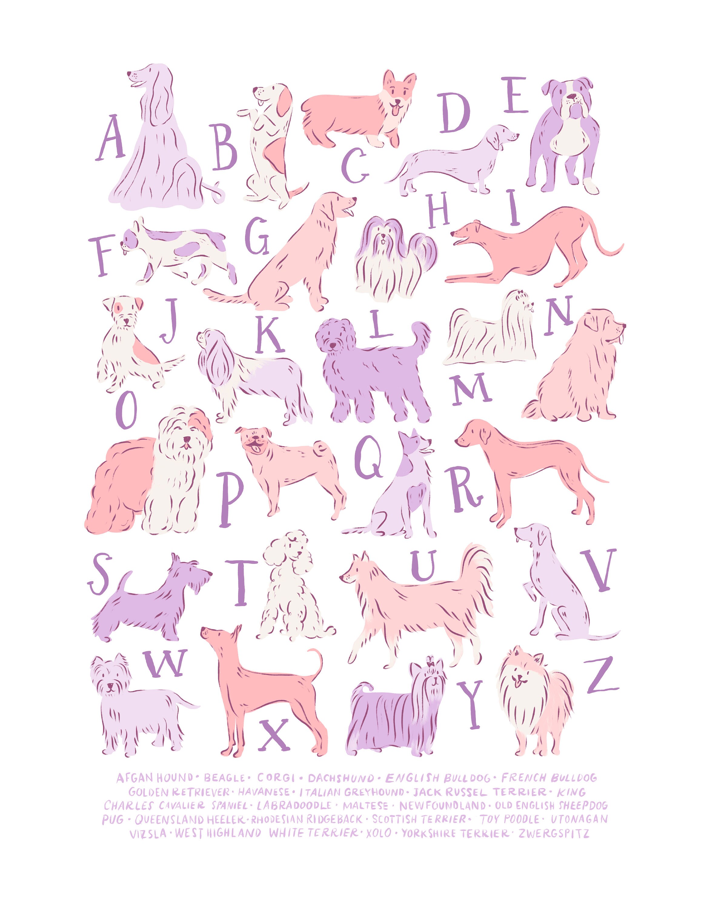 Pink Dog Alphabet Print for Nursery Dog Nursery Wall Decor Purple Dog ...