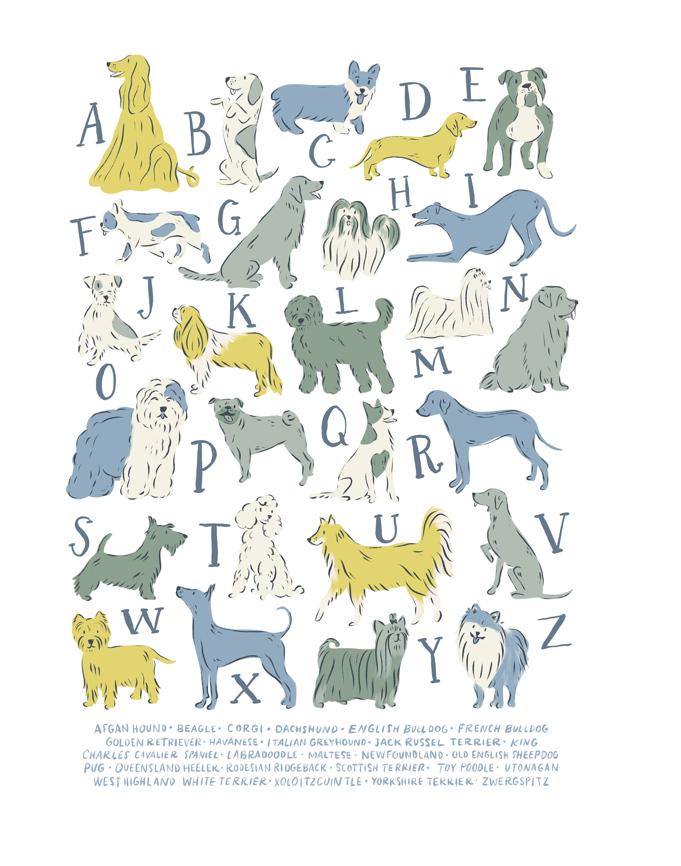 Dog Alphabet Print for Nursery - Olive Green- Slate Blue - Dog Nursery ...
