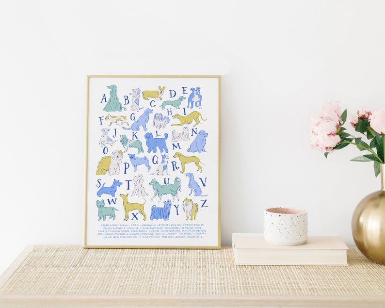 Blue Dog Alphabet Print for Nursery - Dog Nursery Wall Decor - Green ...