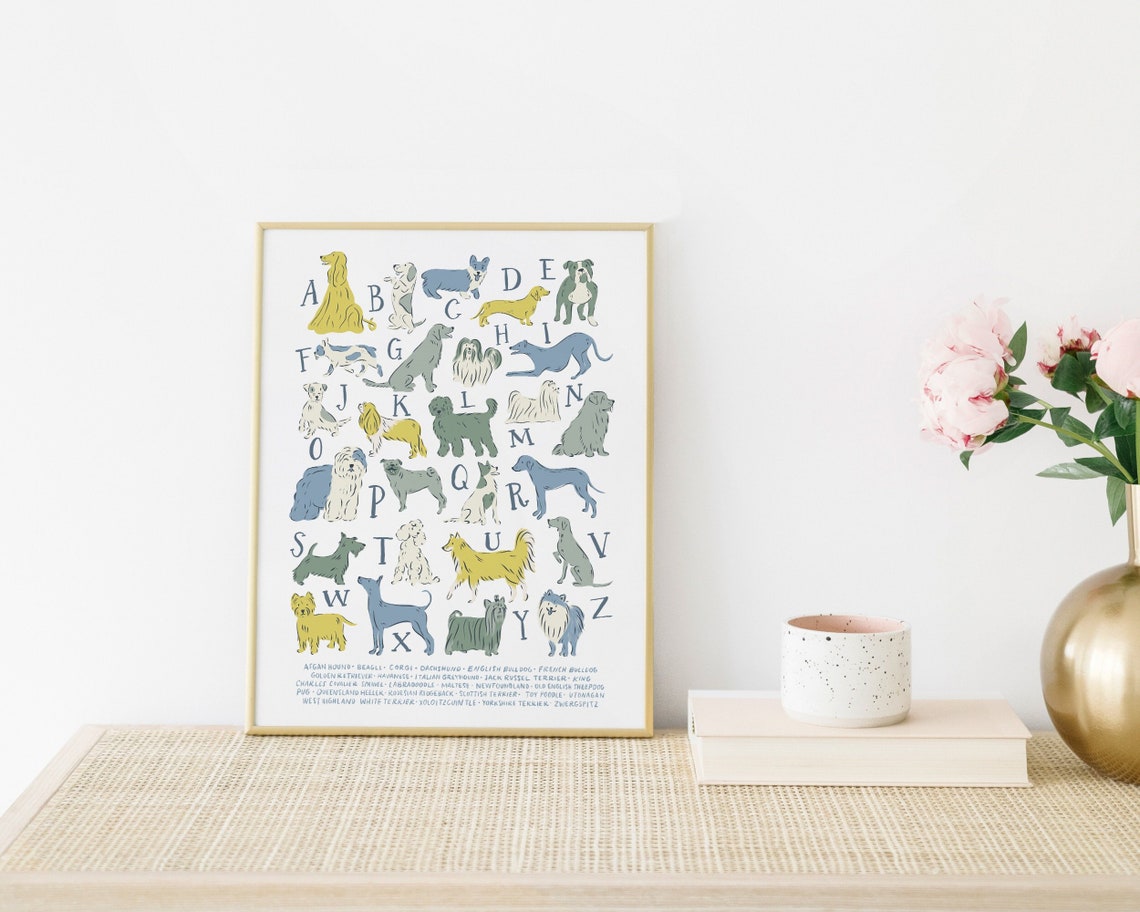 Dog Alphabet Print for Nursery - Olive Green- Slate Blue - Dog Nursery ...