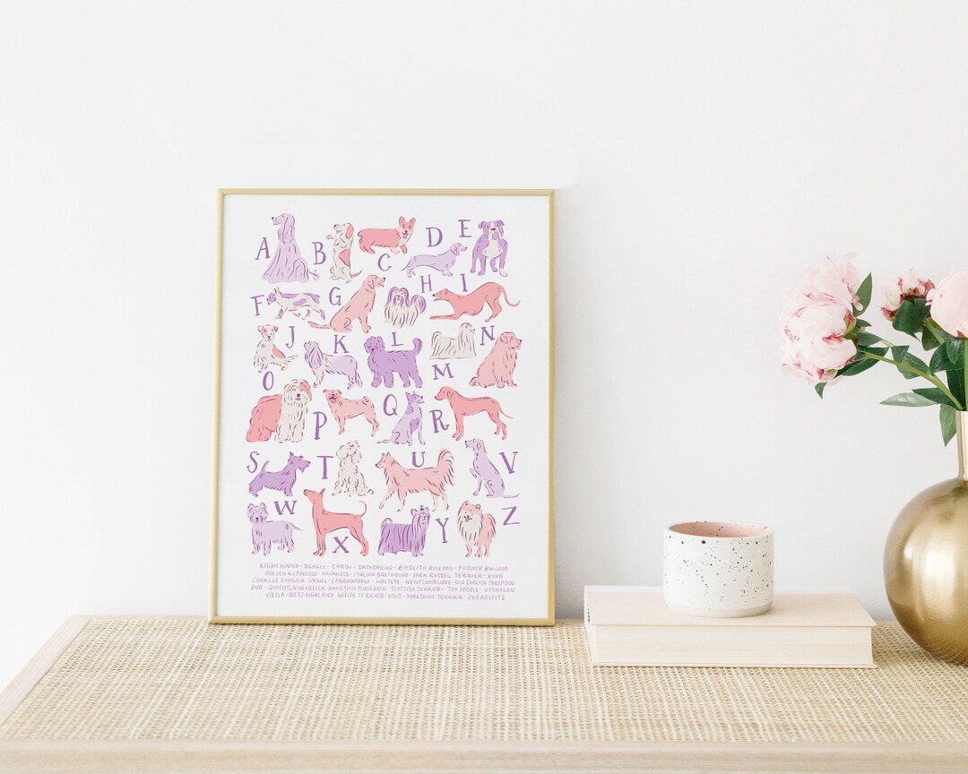 Pink Dog Alphabet Print for Nursery - Dog Nursery Wall Decor - Purple ...