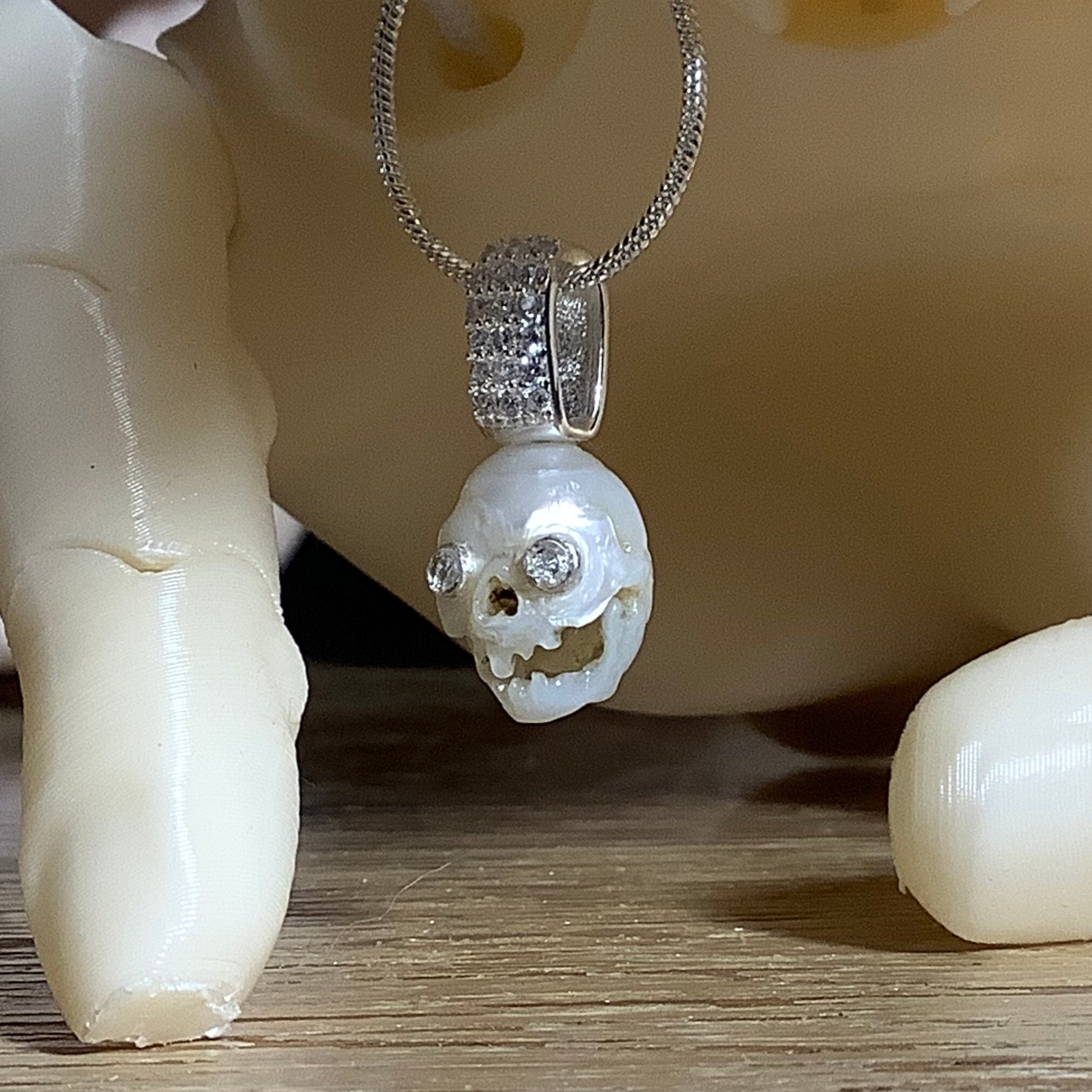 Carved Pearl Skull Pendant With White Sapphires and Sterling - Etsy