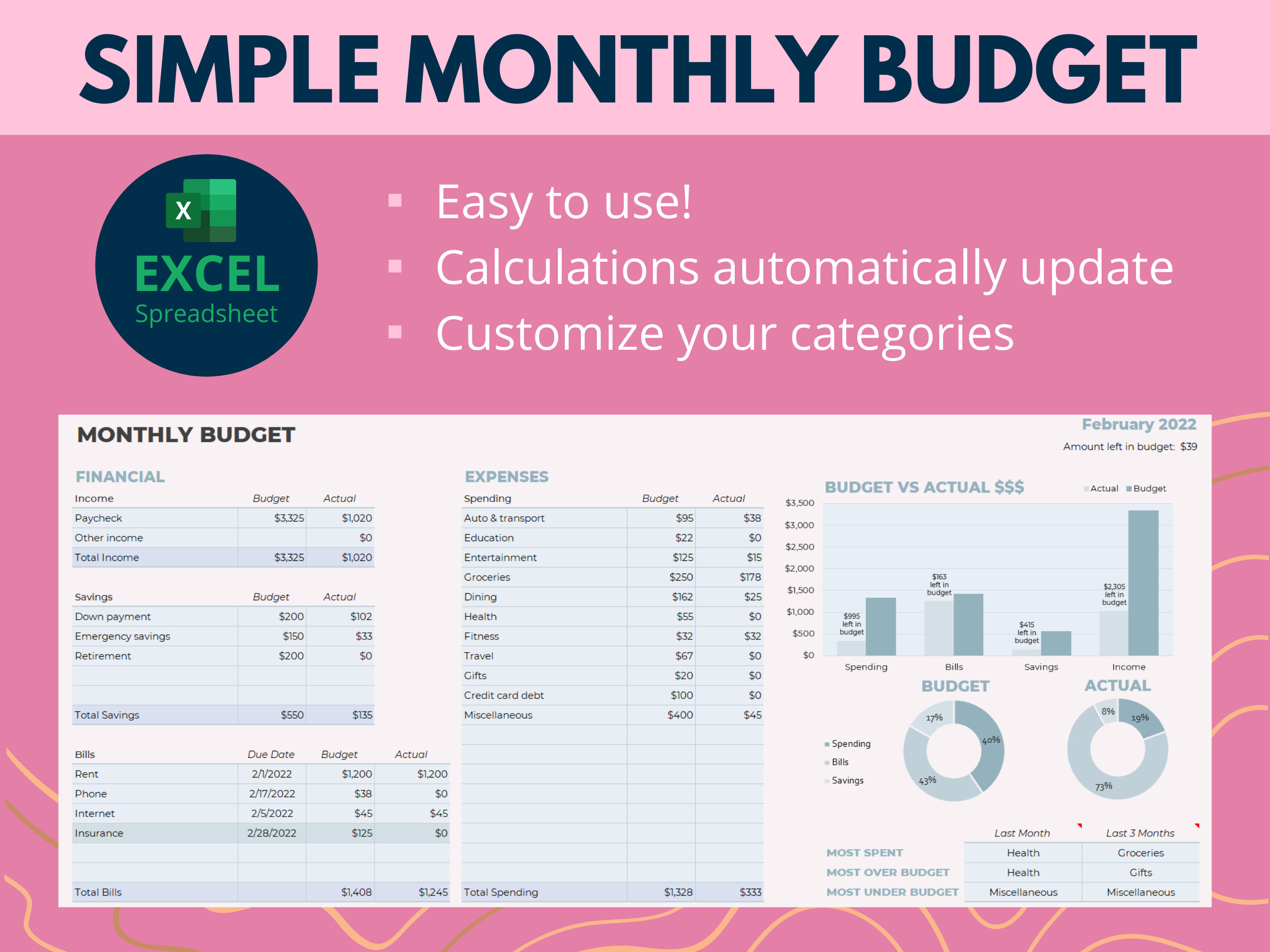 Excel Monthly Budget / Simple Monthly Budget Spreadsheet / Excel Budget ...