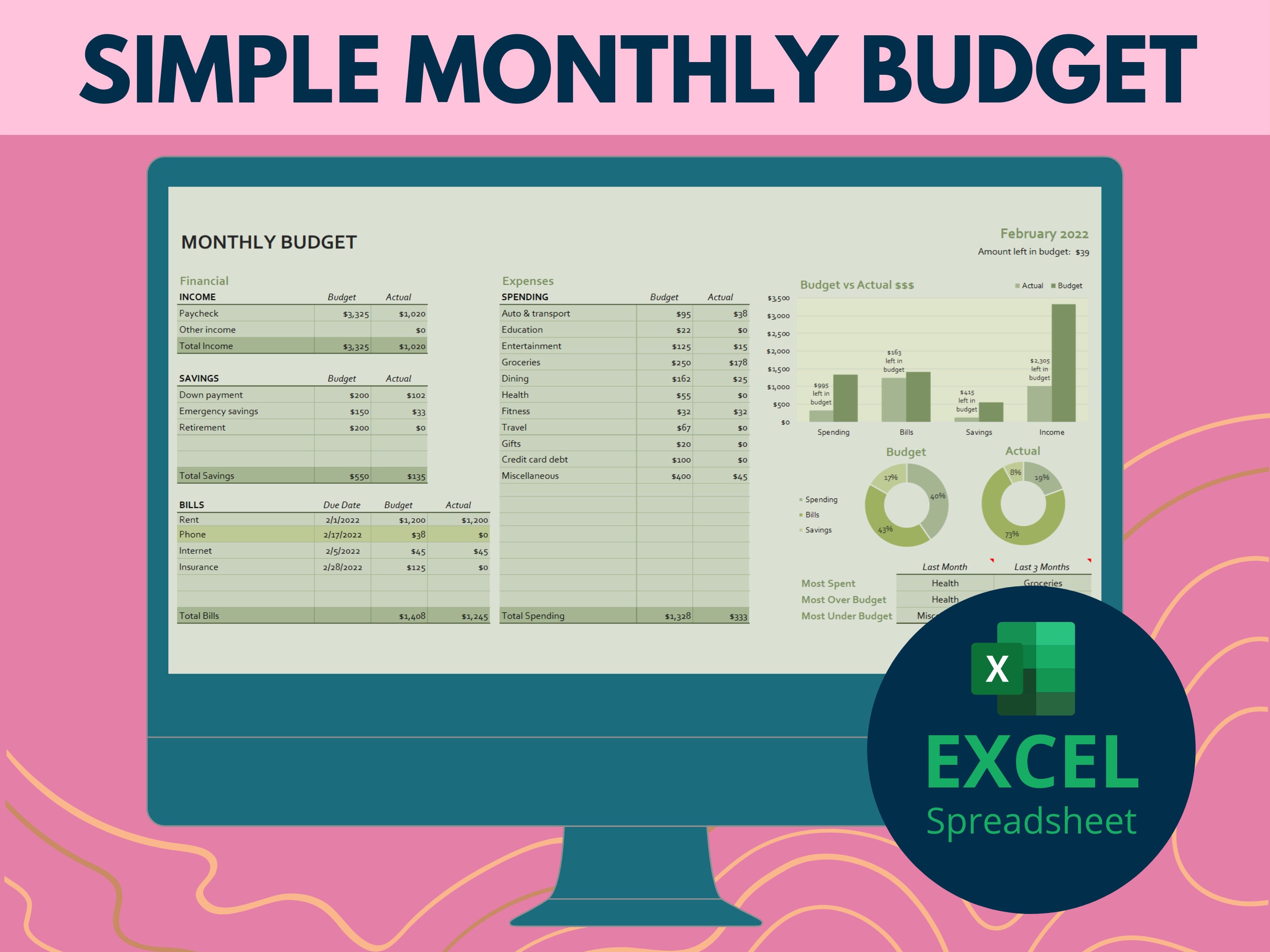 Excel Monthly Budget / Simple Monthly Budget Spreadsheet / Excel Budget ...
