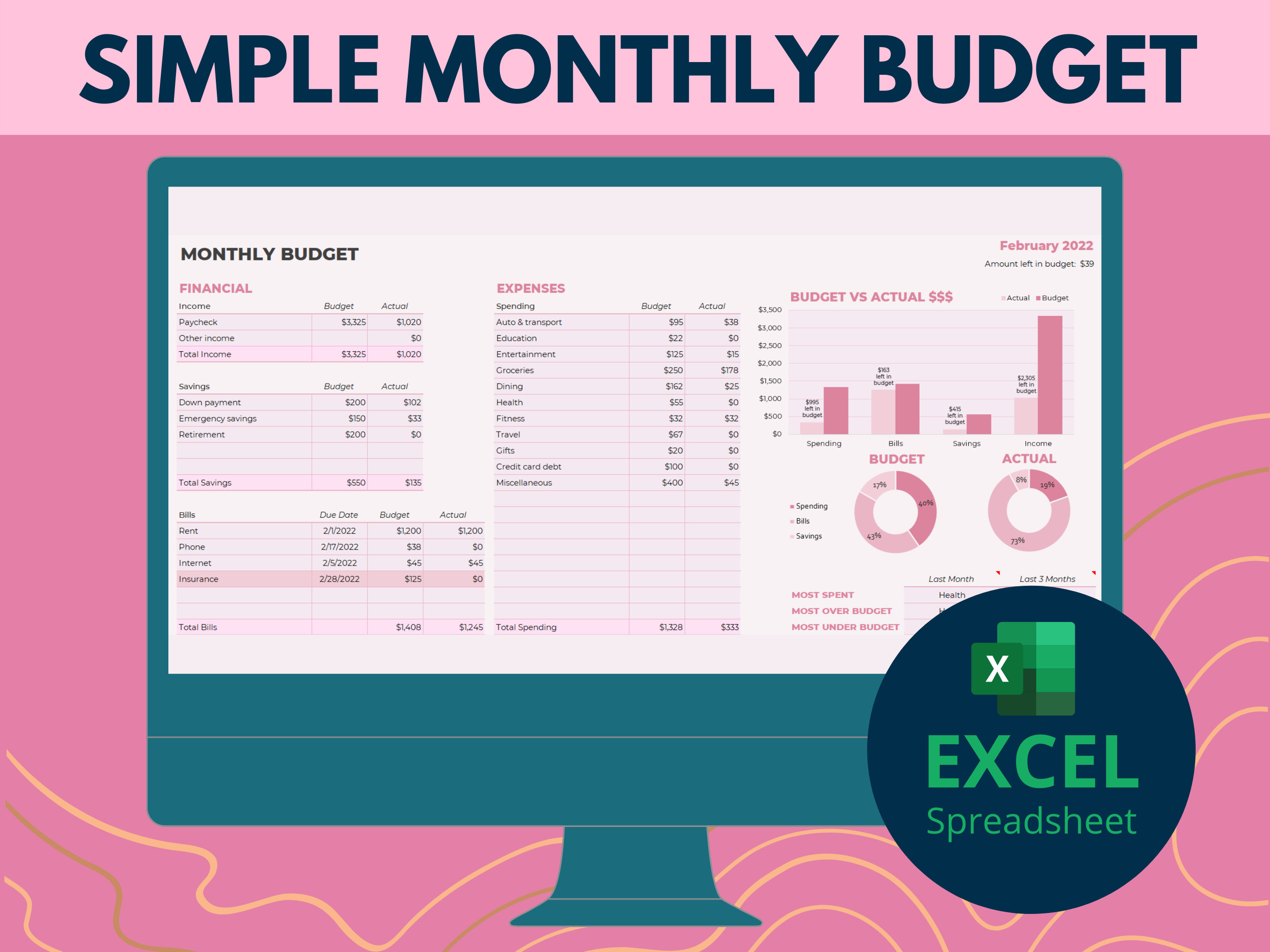 Excel Monthly Budget / Simple Monthly Budget Spreadsheet / Excel Budget ...