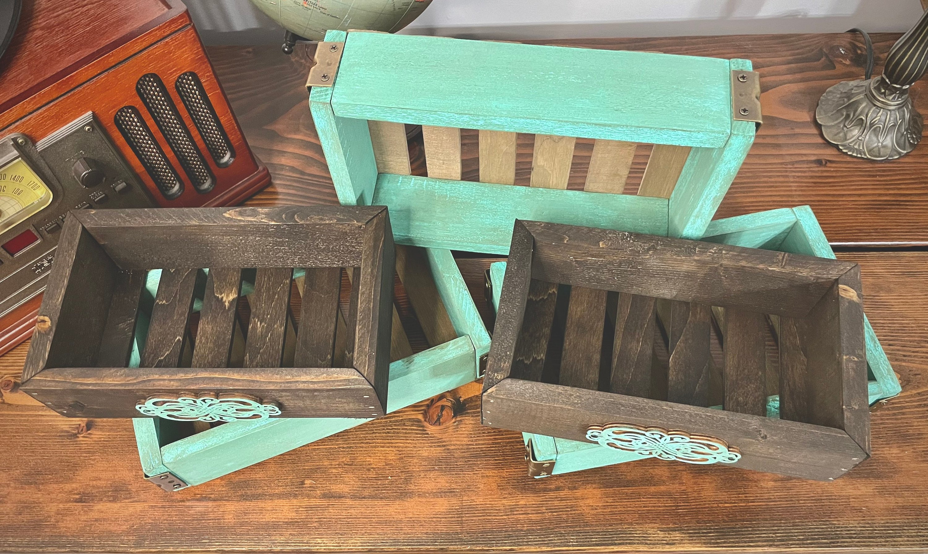 Turquoise Dark Wood Box With Slat Bottom, Pallet Box, Wooden Slatted ...