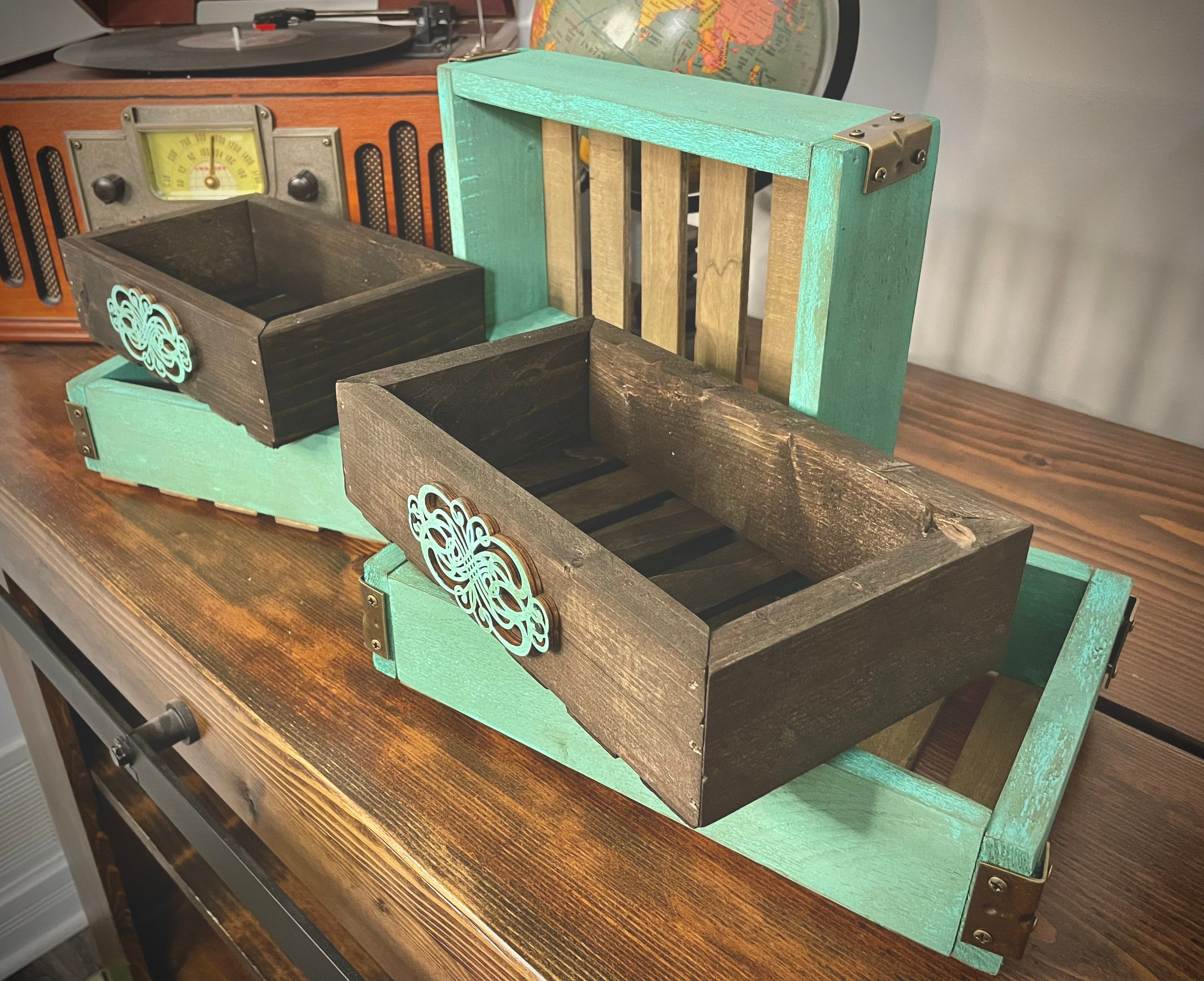 Turquoise Dark Wood Box With Slat Bottom, Pallet Box, Wooden Slatted ...