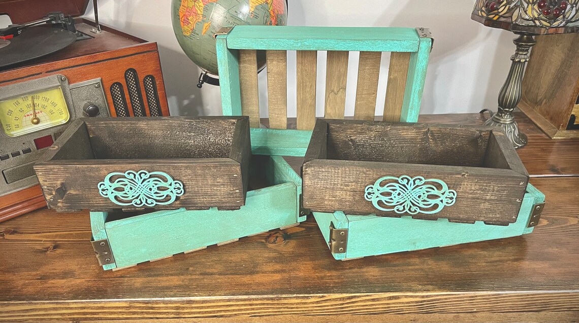 Turquoise Dark Wood Box With Slat Bottom, Pallet Box, Wooden Slatted ...