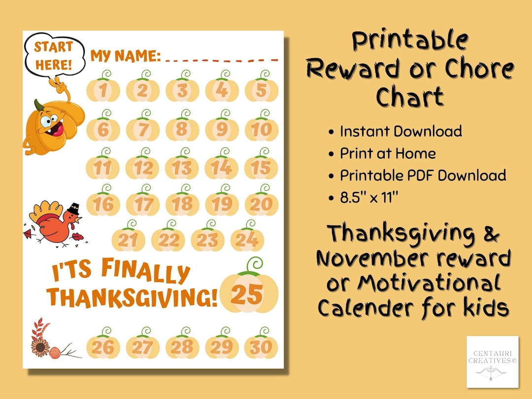 Behavior Reward Chart Printable Thanksgiving Pumpkin Calendar Daily ...