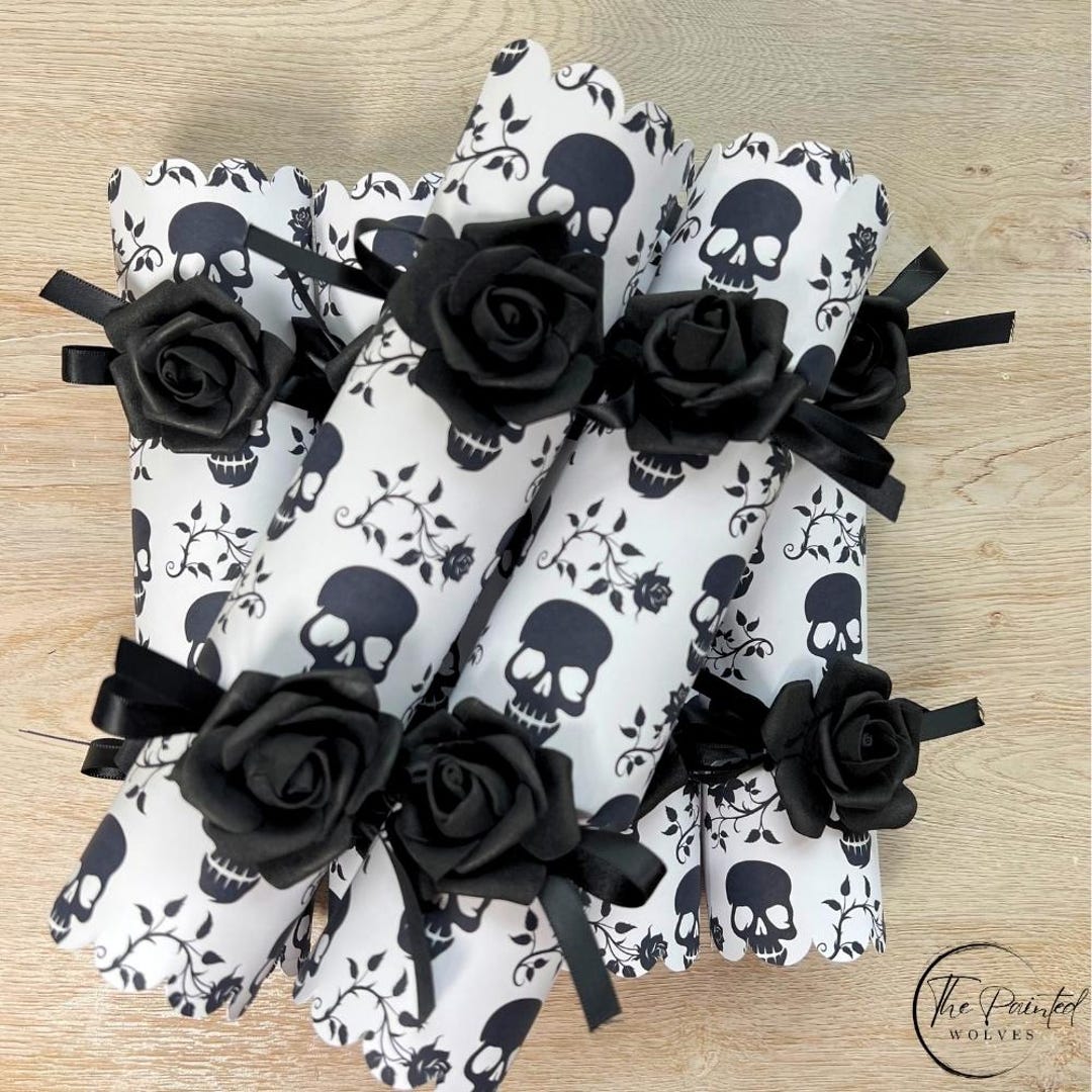 Handmade Halloween Crackers With Snaps Black Roses and Skulls Spooky ...