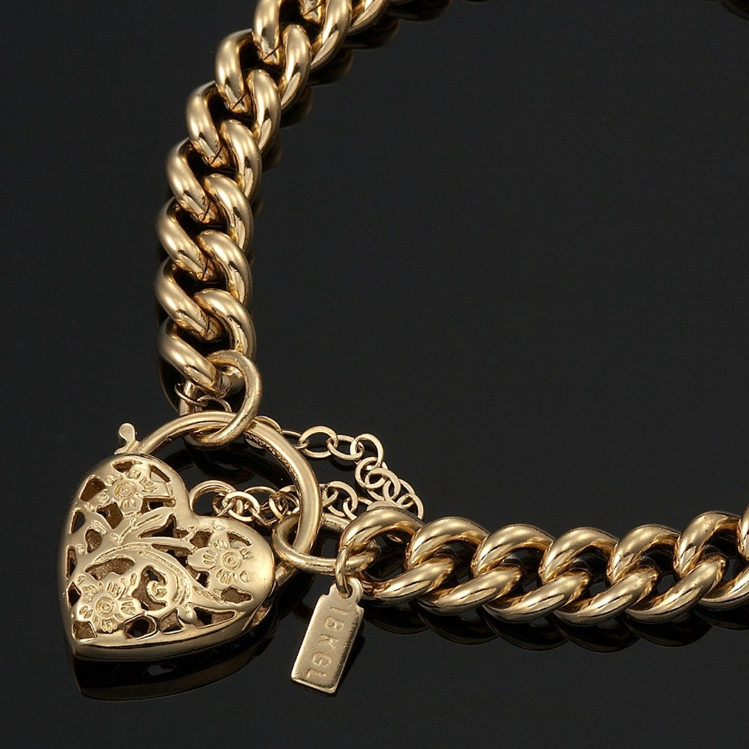 18K GL Solid Curb Yellow Gold Bracelet With Filigree Heart Padlock - Etsy