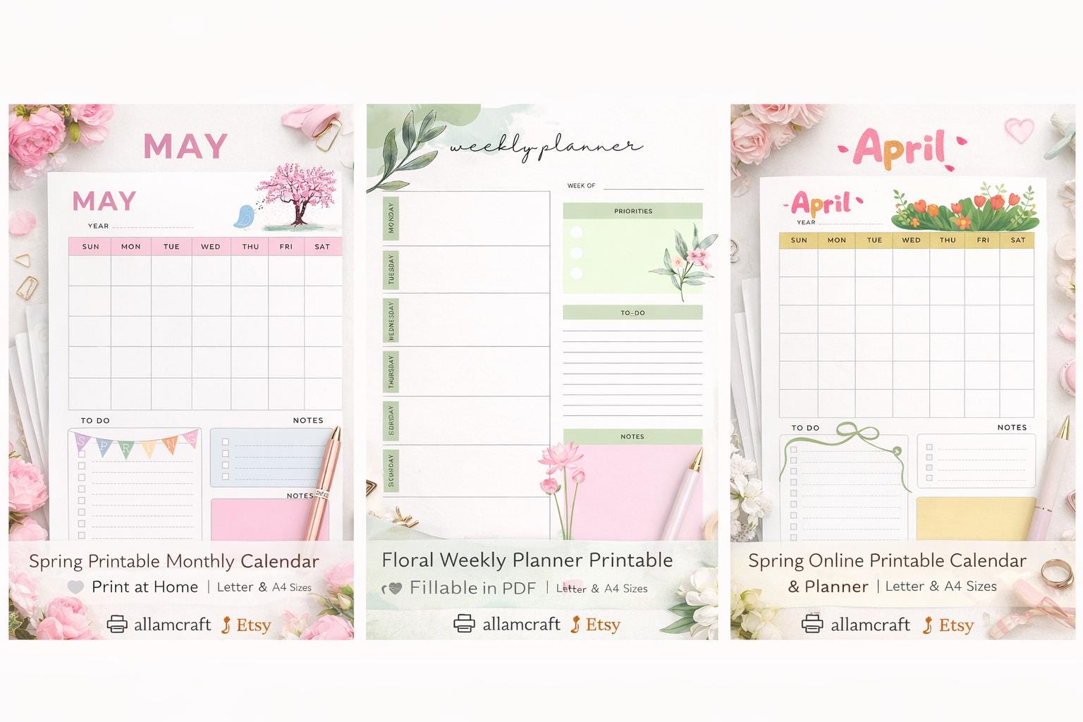 Undated Digital Planner Calendar – 48 PNG + PDF, Printable Monthly ...