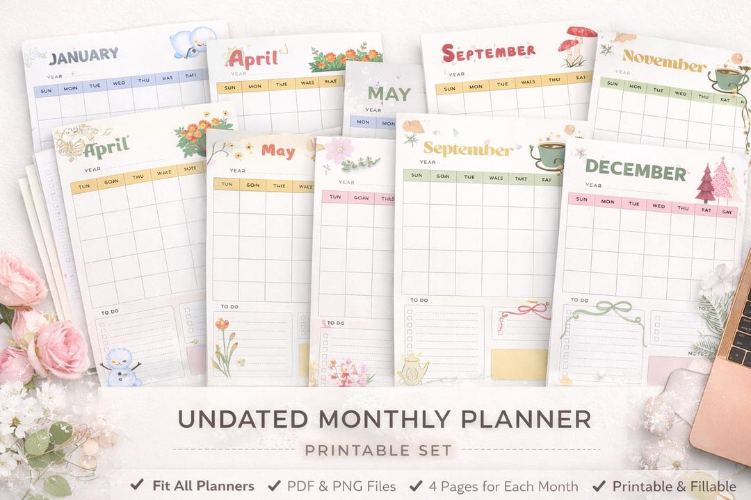 Undated Digital Planner Calendar – 48 PNG + PDF, Printable Monthly ...