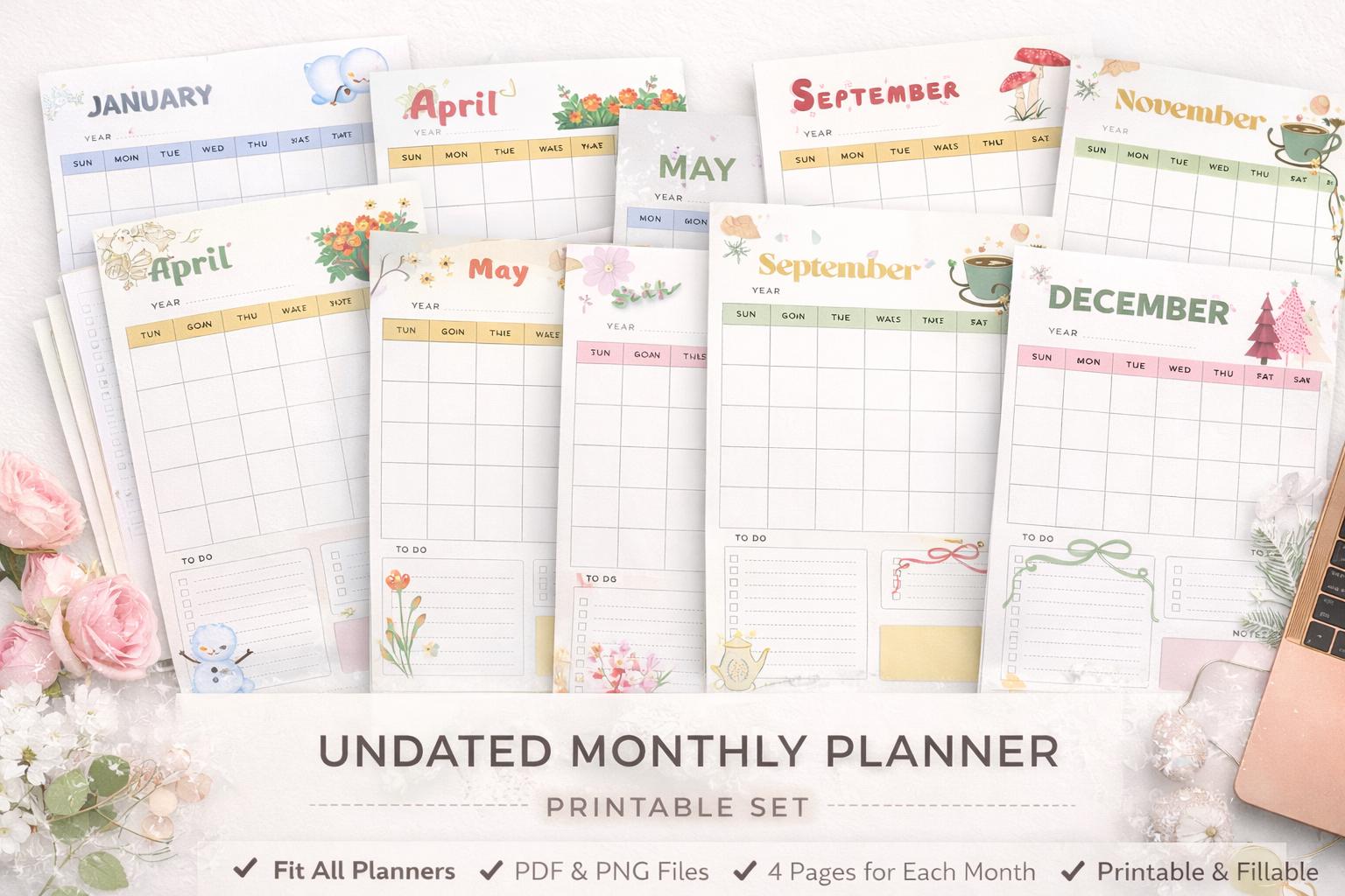 Undated Digital Planner Calendar – 48 PNG + PDF, Printable Monthly ...