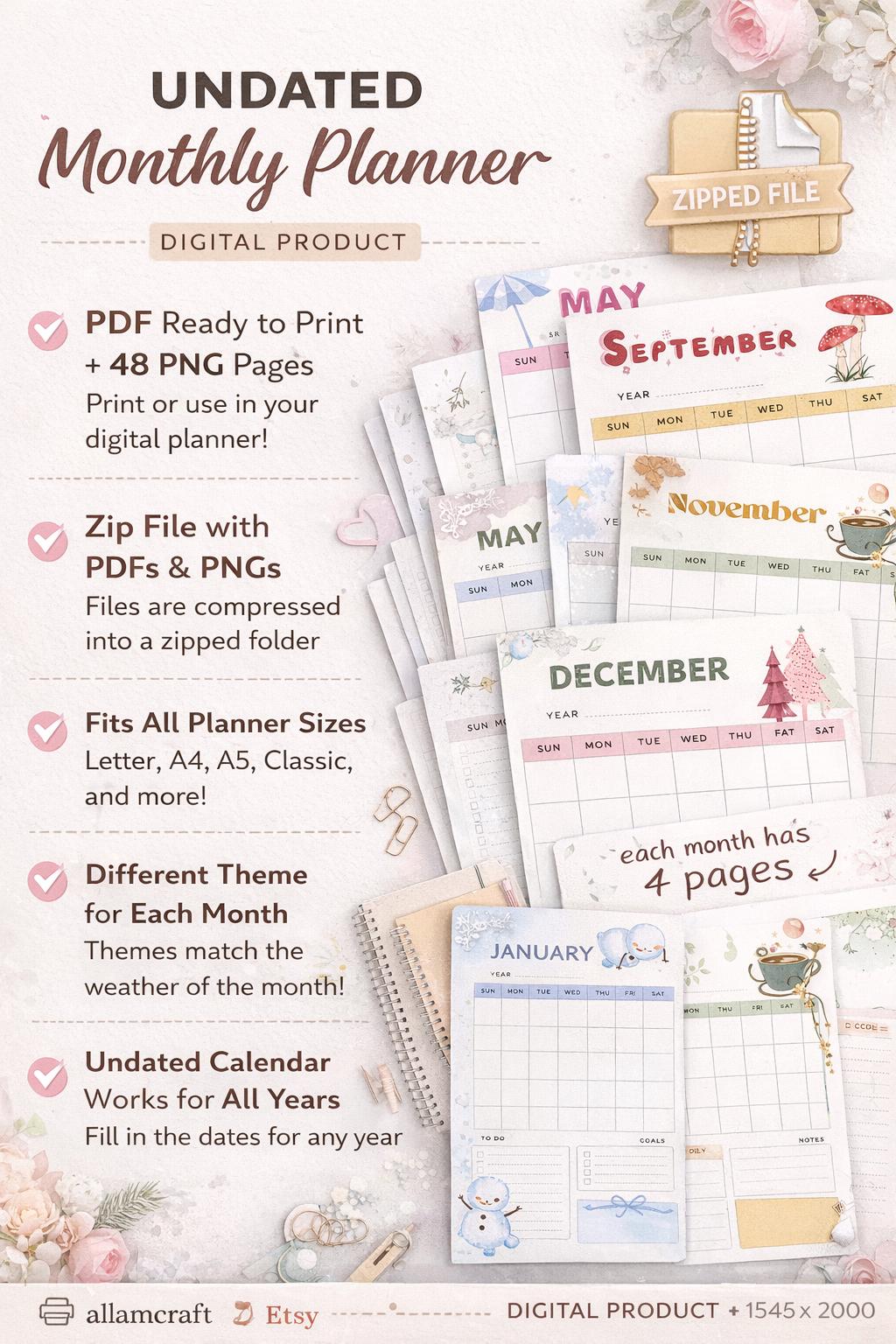 Undated Digital Planner Calendar – 48 PNG + PDF, Printable Monthly ...
