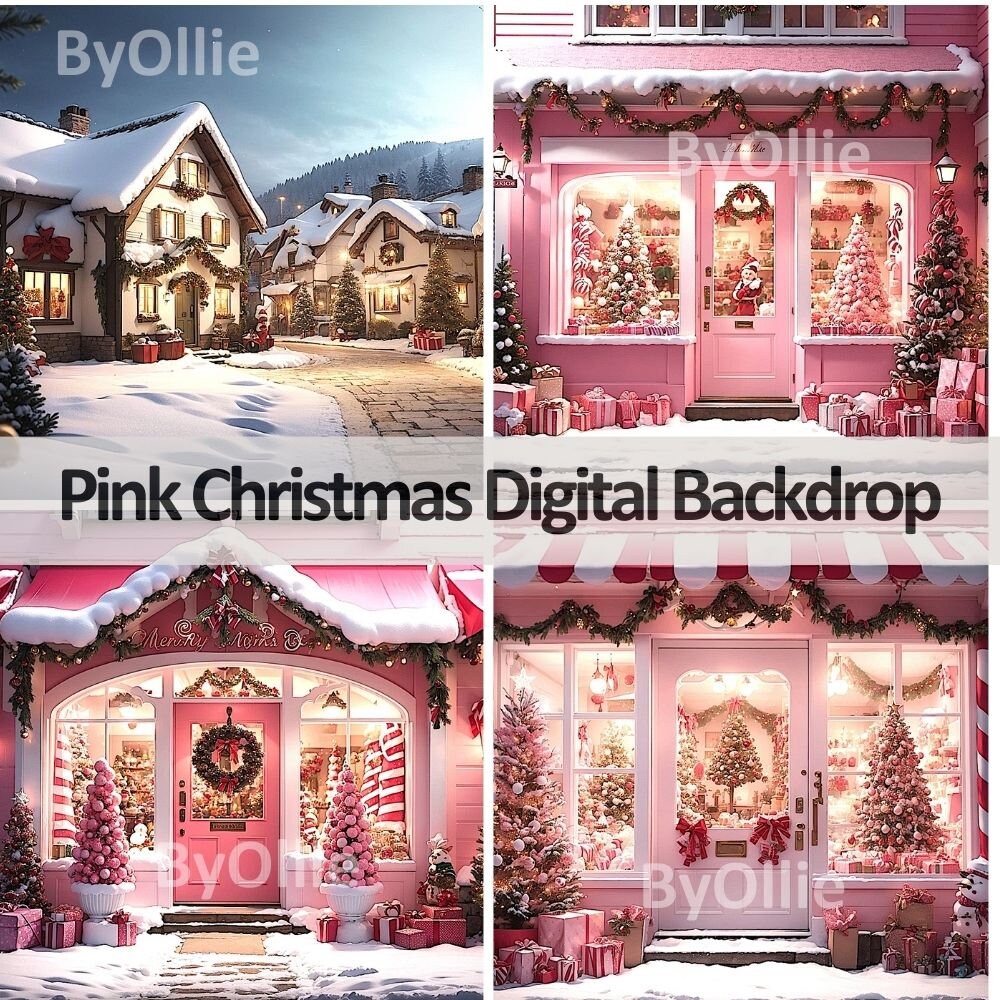 4 Pink Christmas Village House CG Digital Backdrops Stock - Etsy