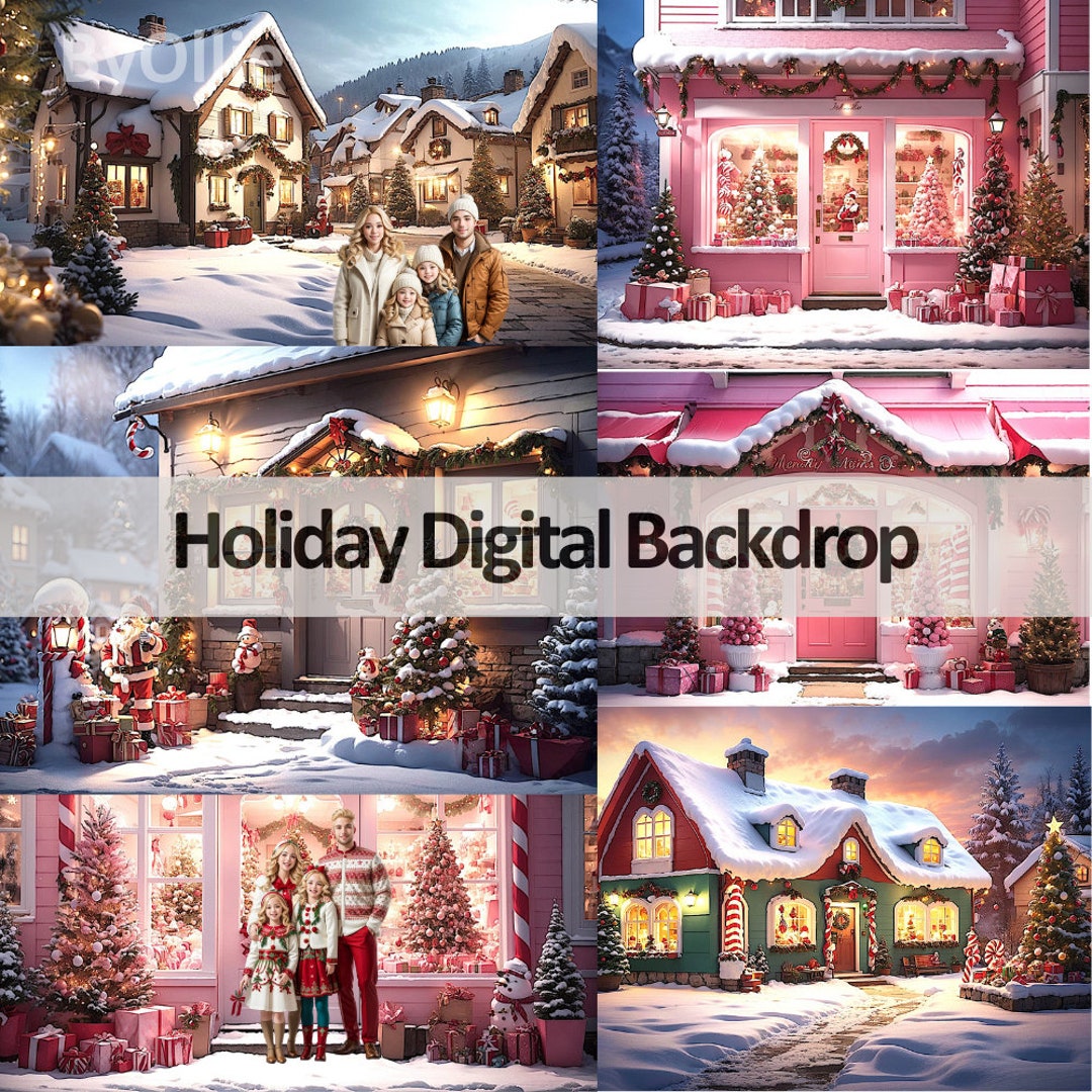 16 Bundle Christmas Pink White Winter Village Digital Backdrops ...