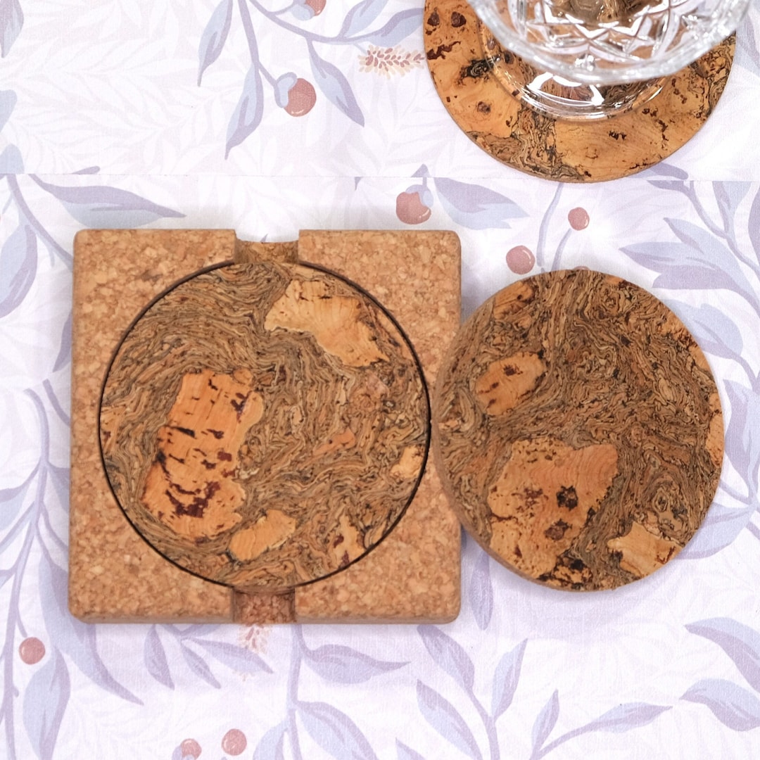 Cork Coasters, Set of 6 in Holder, Cork Coasters With Organiser, Round ...