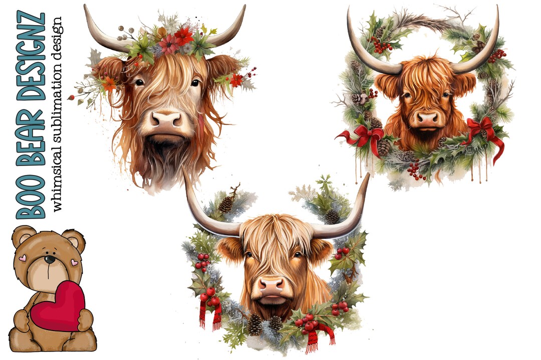 Watercolor Whimsy Christmas Highland Cow Clipart - Etsy