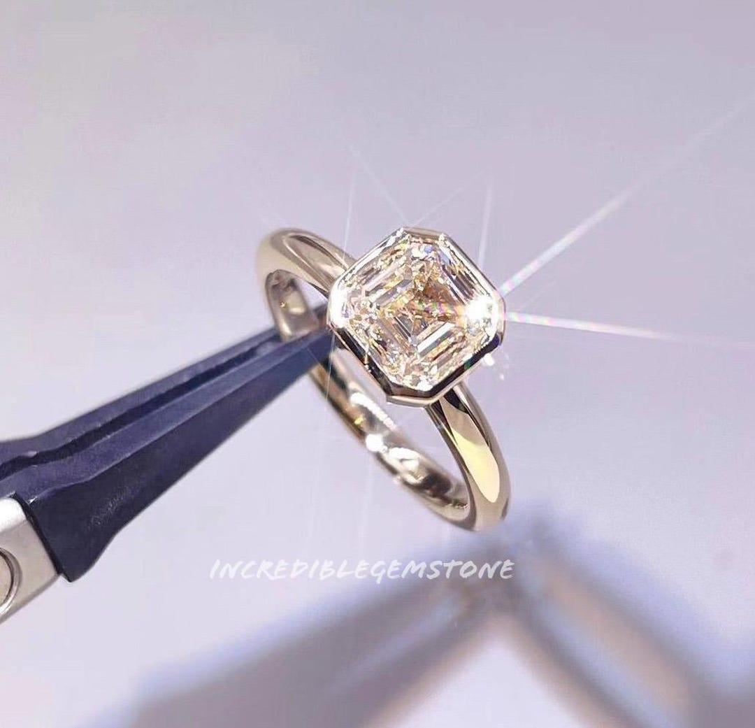 3 Carat Asscher Cut Bezel Setting Solitaire Moissanite Engagement Ring ...