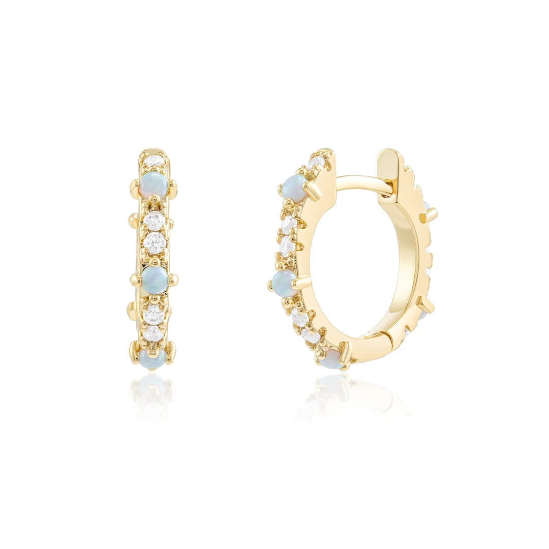 14K Gold Blue Opal and CZ Hoop Earring , Dainty Opal Hoop Earrings ...