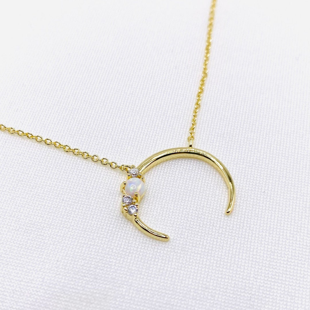 Moon Necklace Celestial Necklace Opal Moon Cubic Zirconia Gold Moon ...