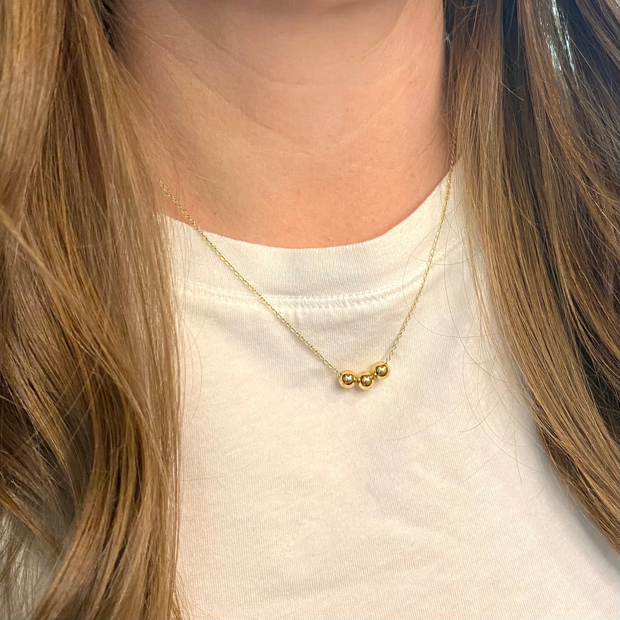 Three Bead Necklace Gold, Tiny Bead Necklace, 14K Gold Dainty Beaded ...