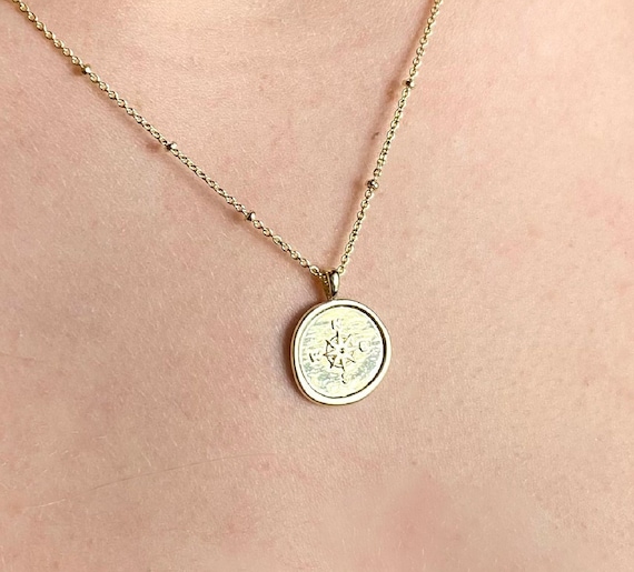 14K Gold Compass Coin Necklace Coin Pendant Necklace Compass Pendant He is My Compass Necklace Christian Jewelry Coin Necklace Gold Etsy