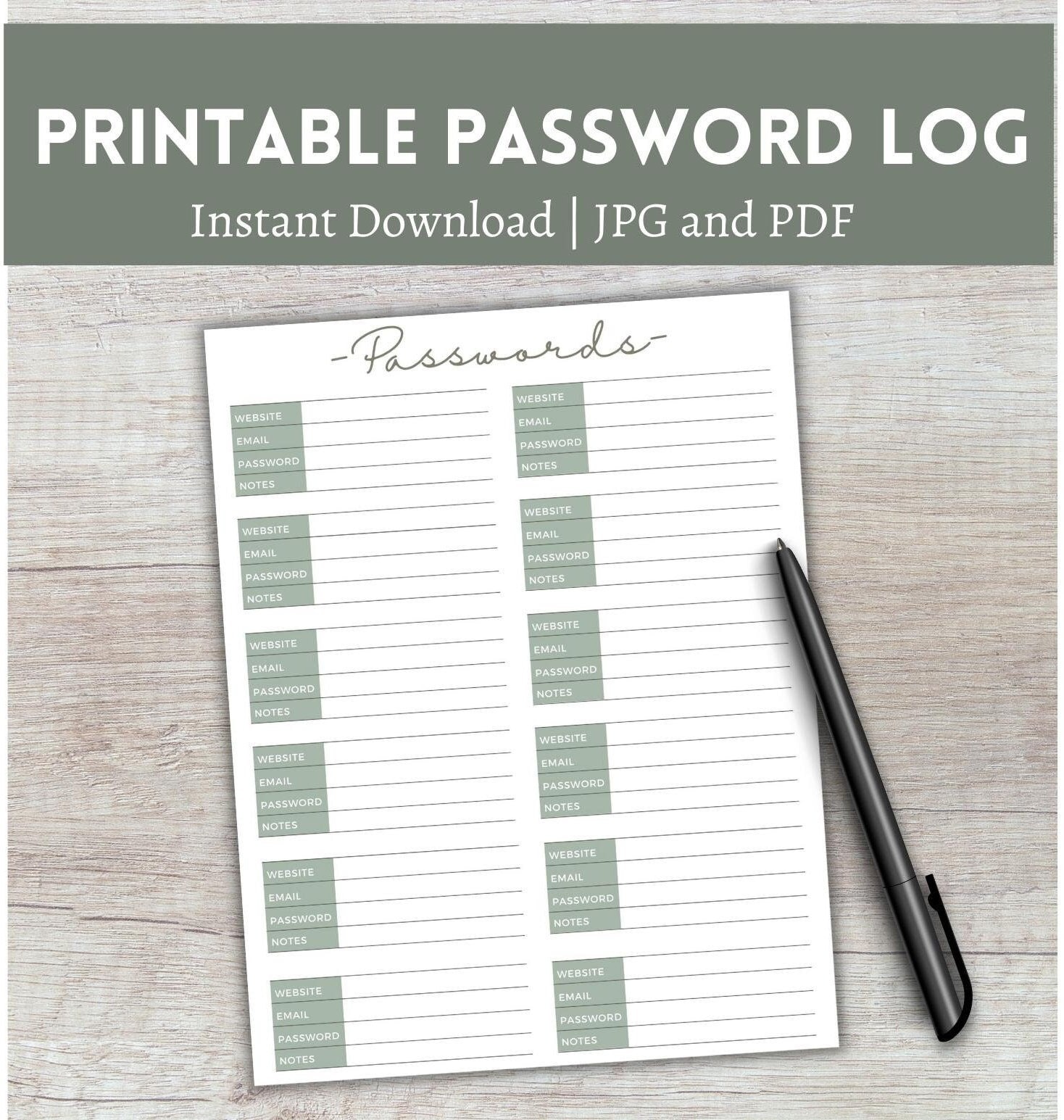 Digital Password Tracker | Printable Password Log | Minimal Green ...