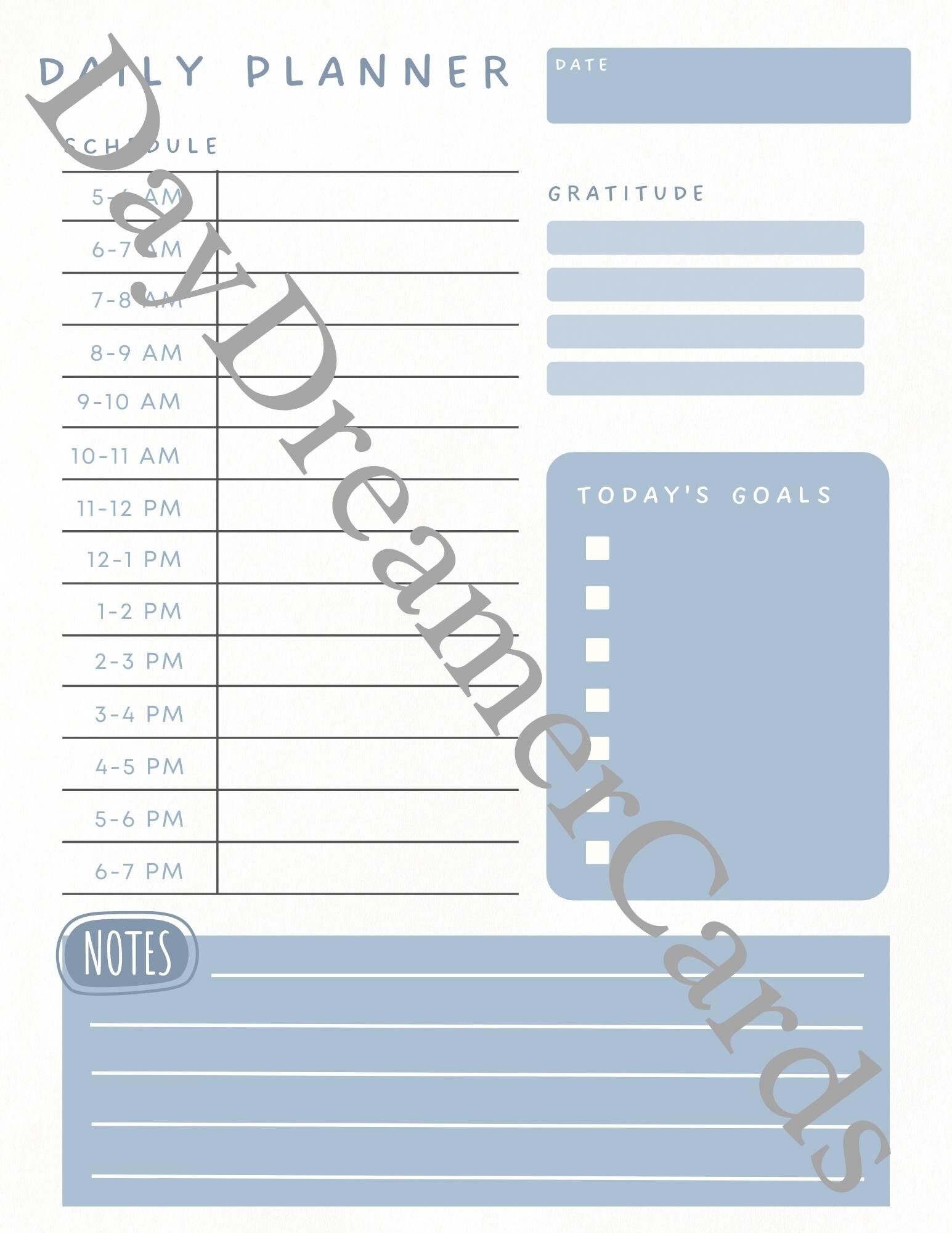 Digital Daily Planner Printable Blue Work Day Planner School Day Hourly ...