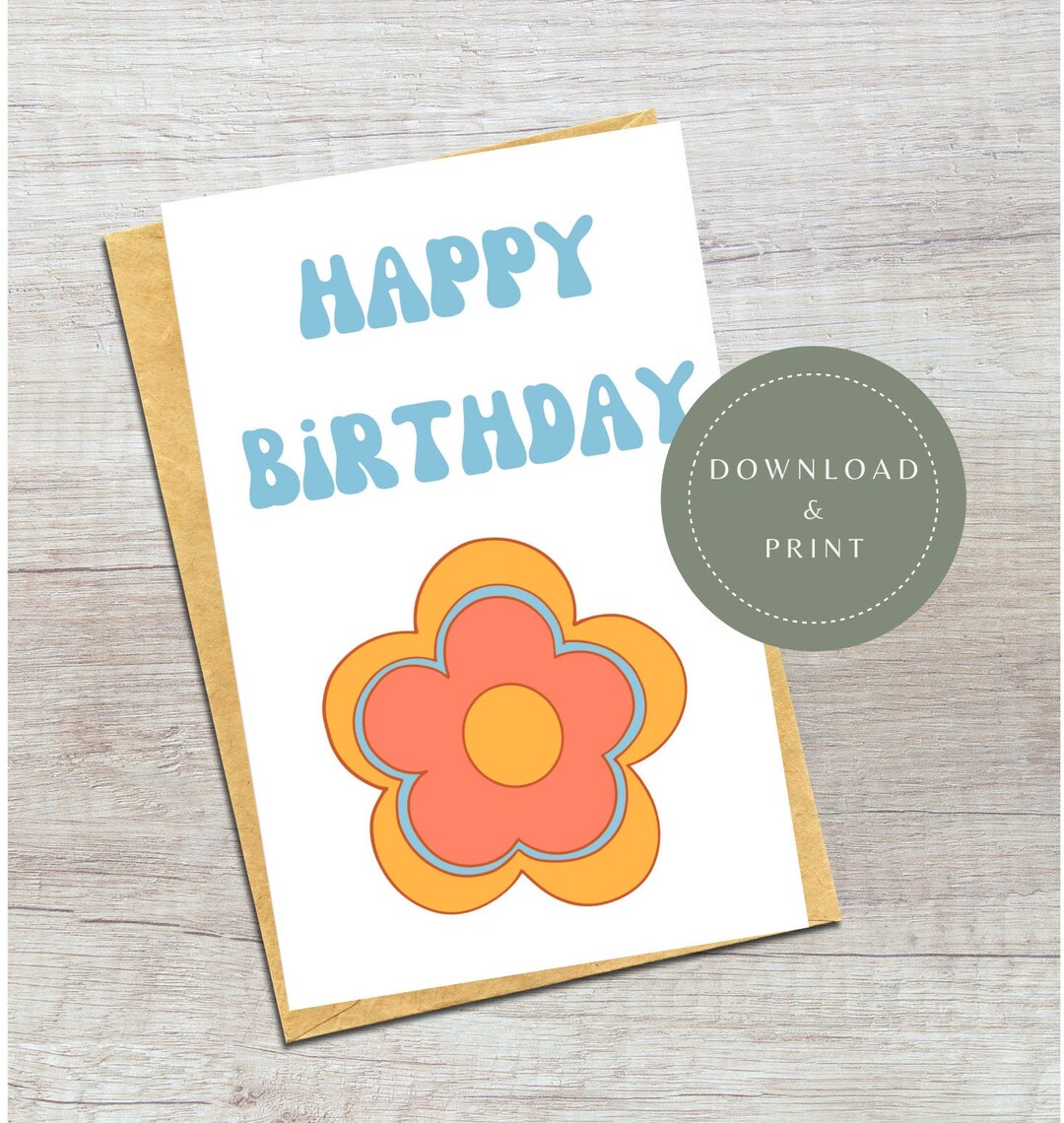 Digital Happy Birthday Card Printable Hippy Card Minimalist 70's Groovy ...