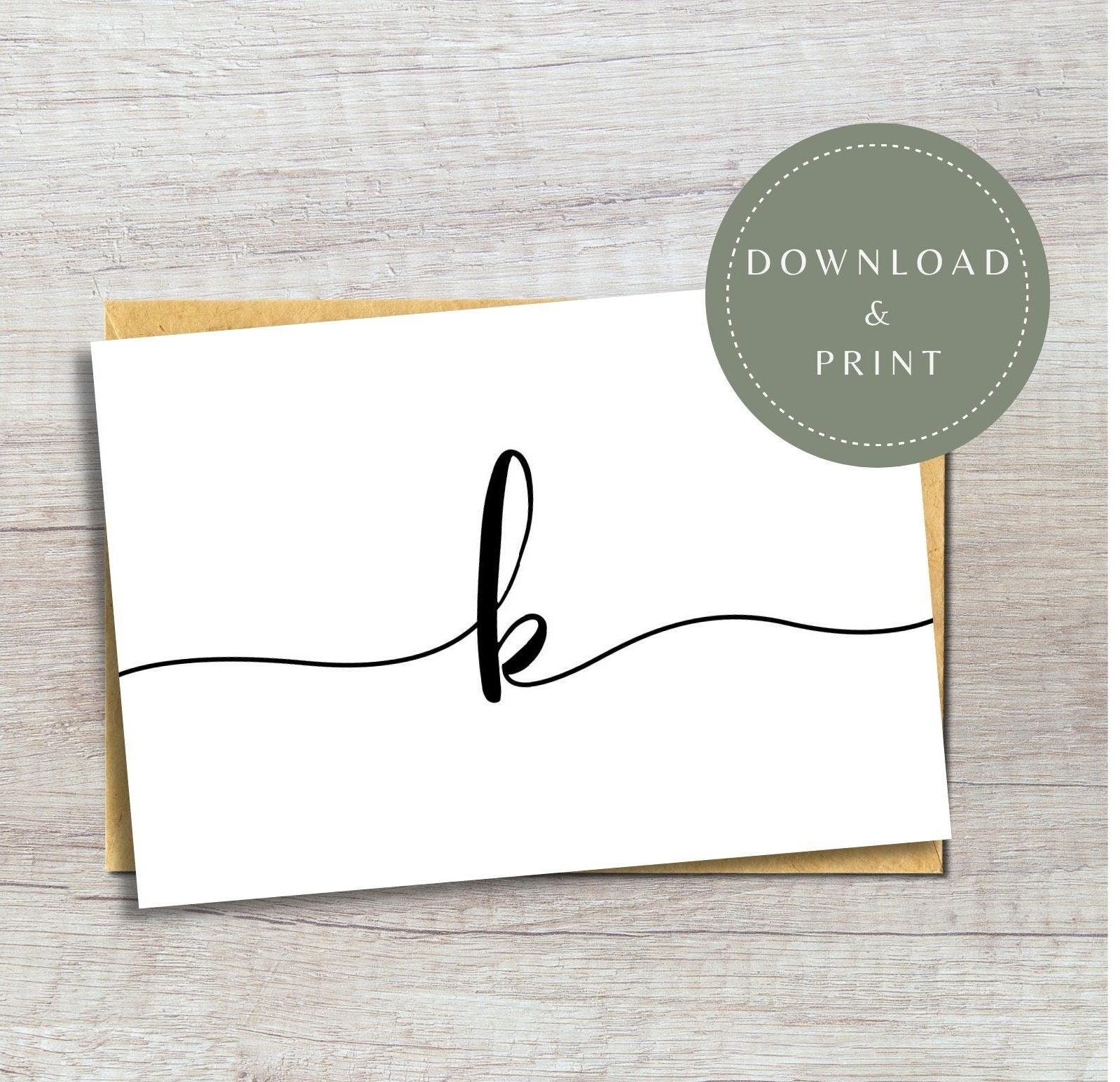 Digital Letter K Card Printable Cursive Initial K Greeting Card for ...