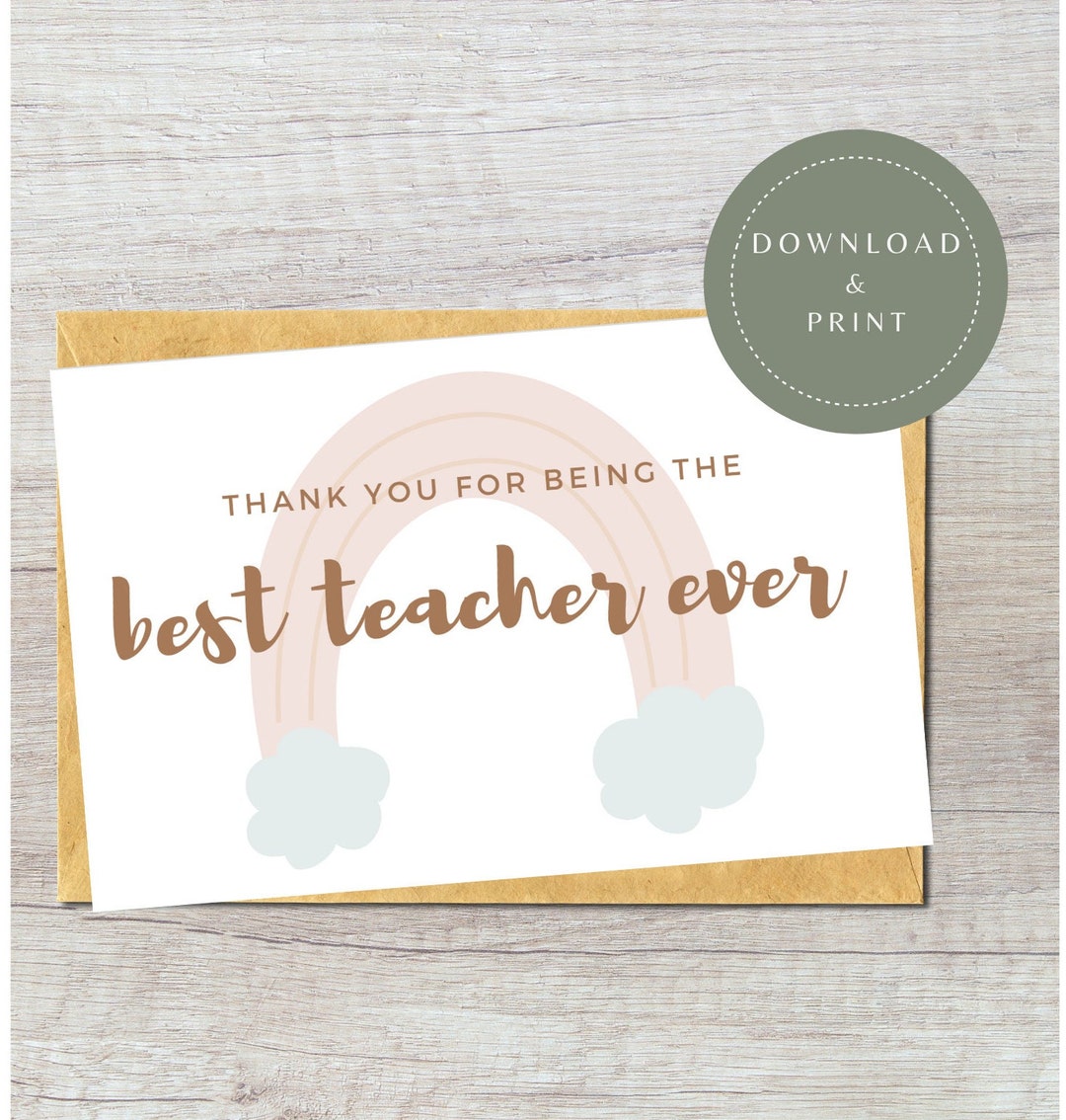 Digital Teacher Card Printable Best Teacher Card Rainbow Minimalist ...